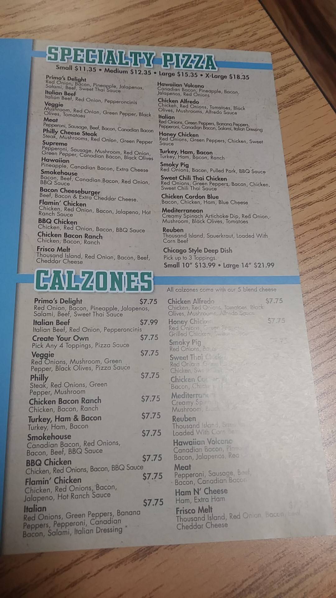 Menu at Primo's Pizza Energy pizzeria, Energy