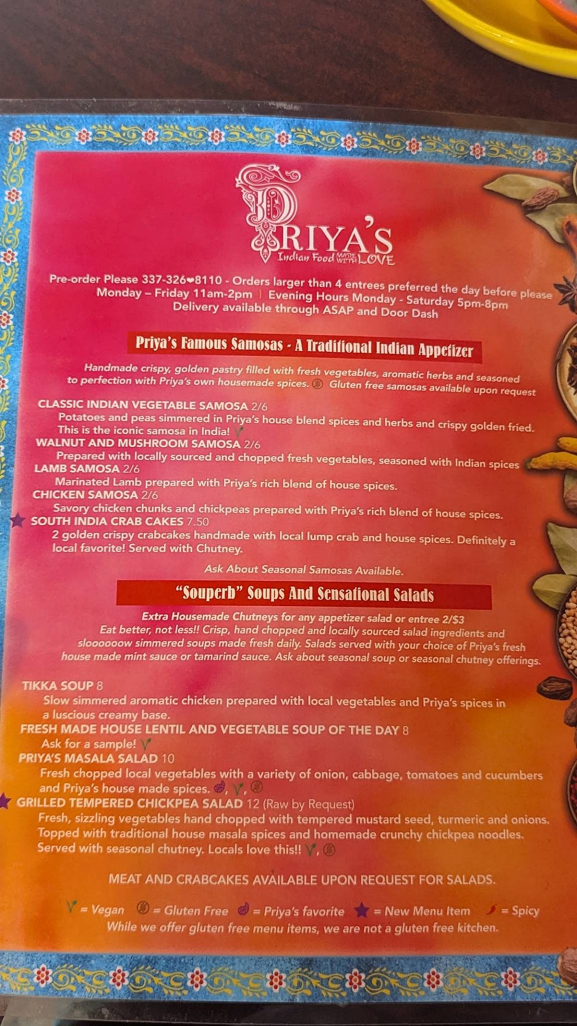 Carta del restaurante Priya's Indian Food, Lafayette