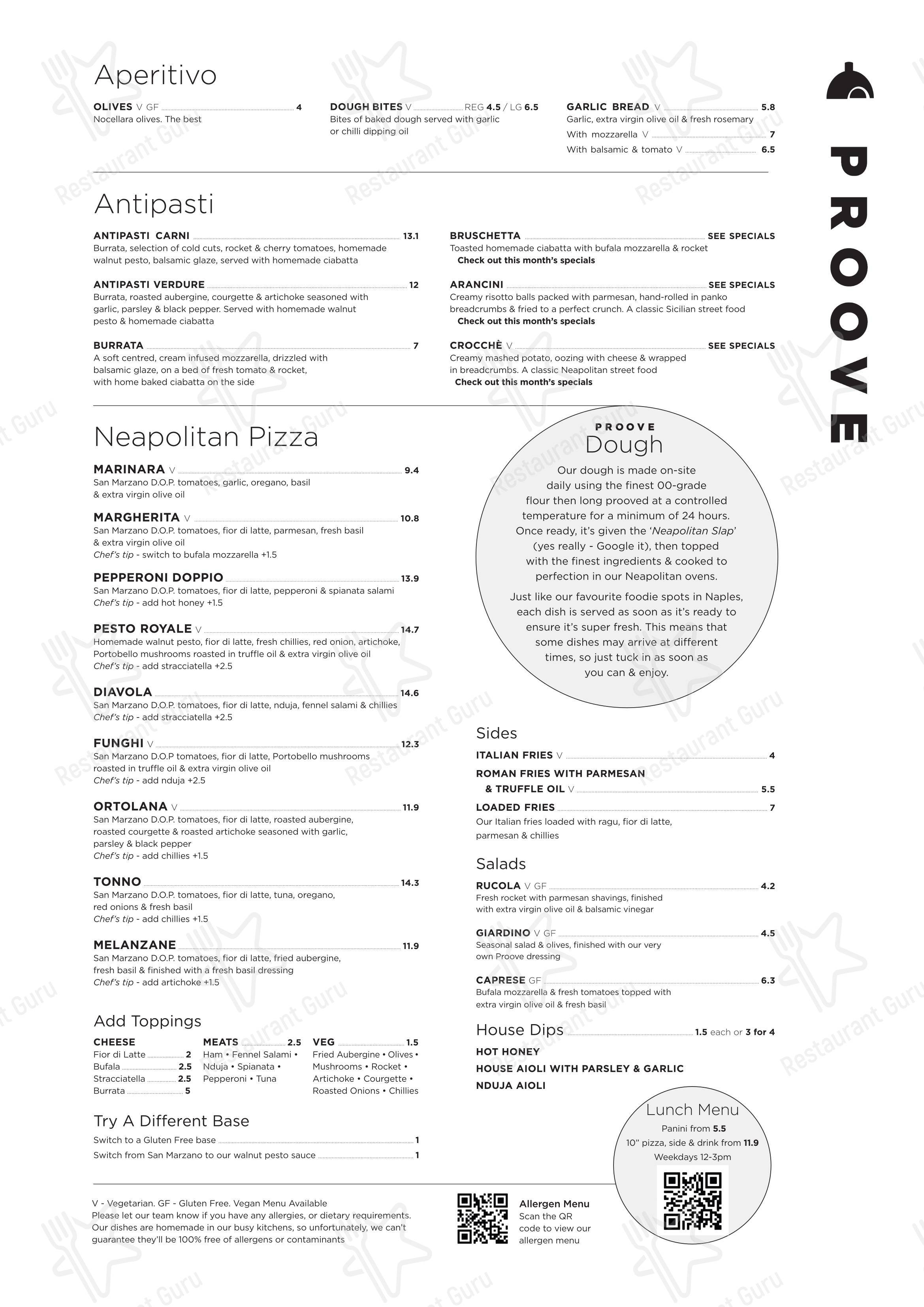 Menu at Proove Pizza OSQ Pizzeria and Bar, Sheffield