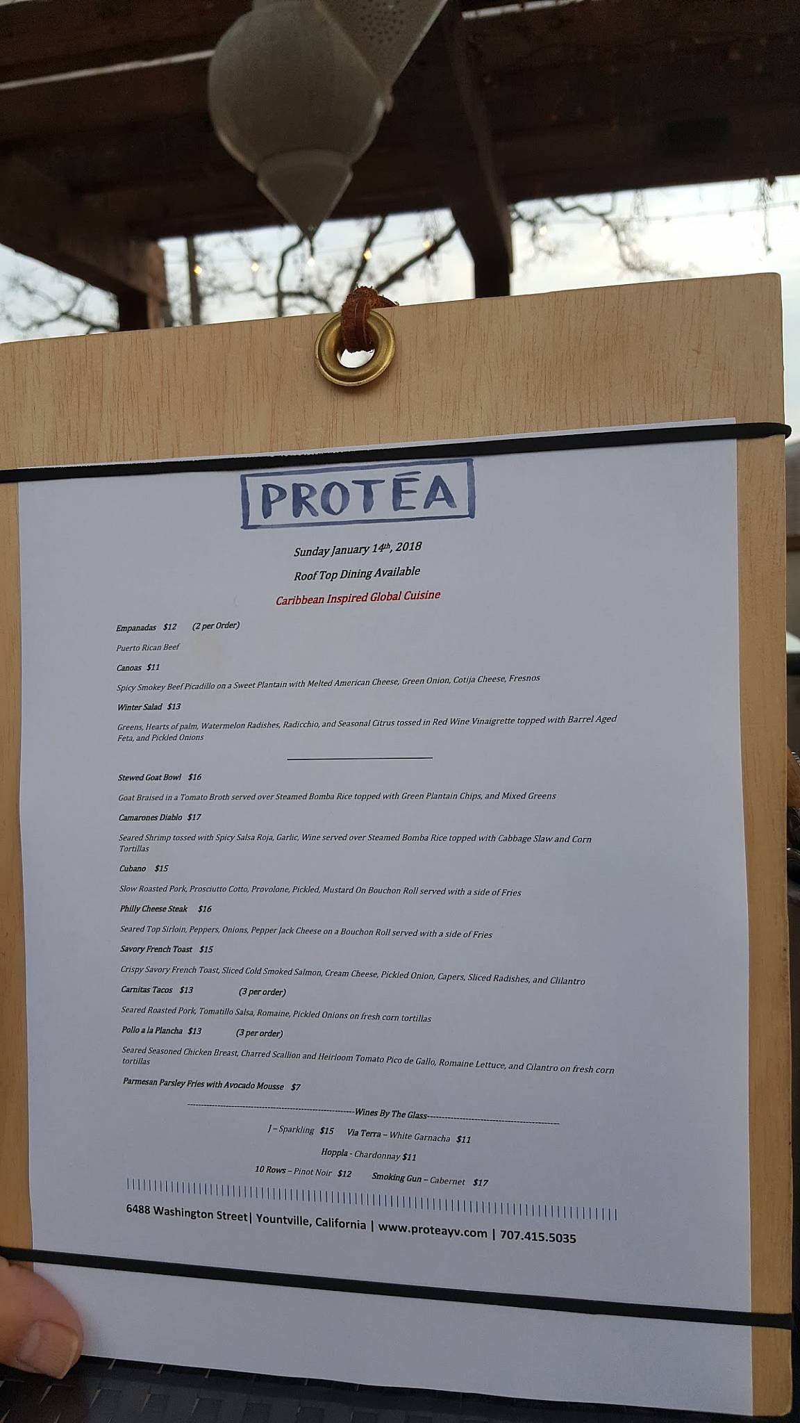 Menu at Protéa restaurant, Yountville