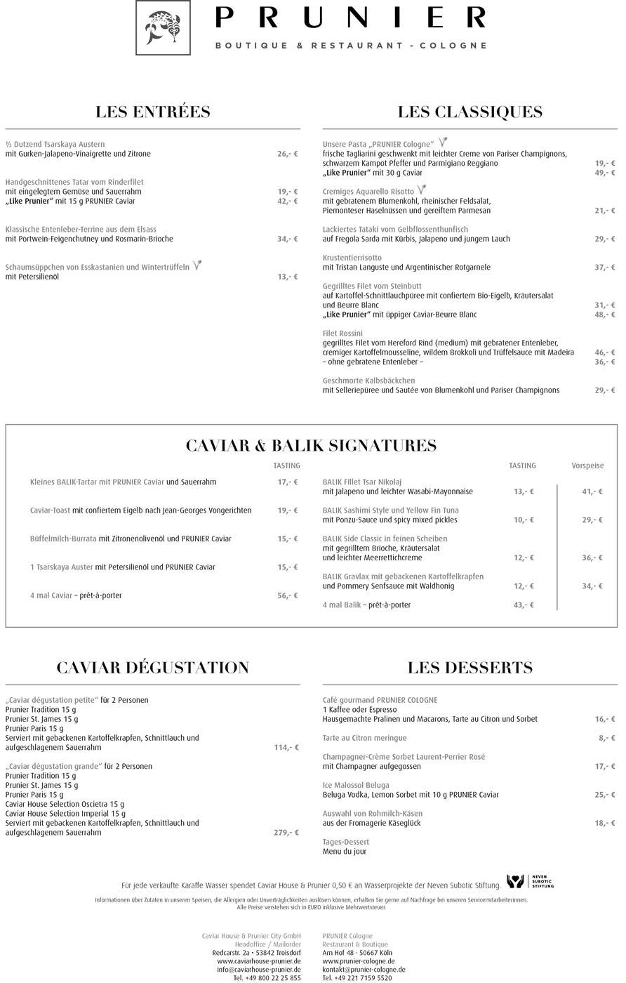 Menu at Prunier Cologne restaurant, Cologne, Am Hof 48
