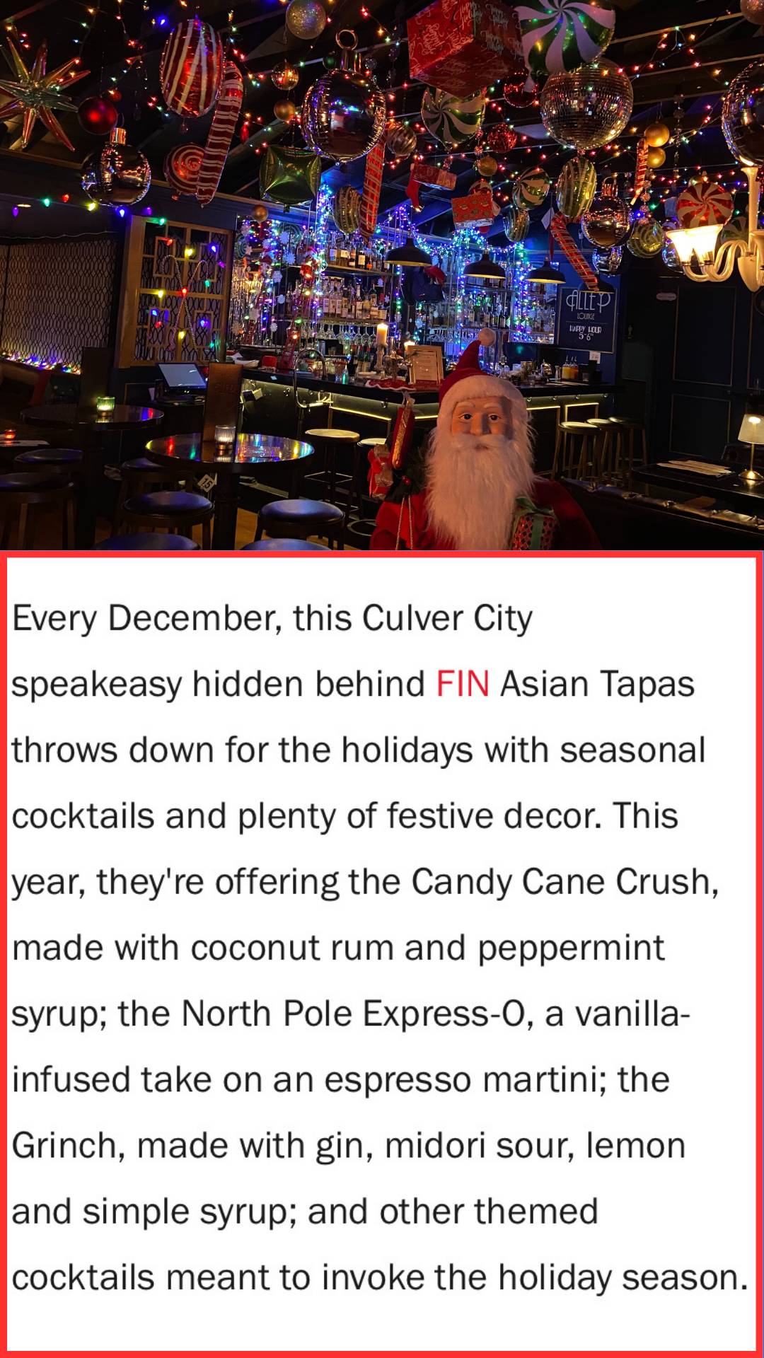 Carta del pub y bar Alley Lounge, Los Angeles