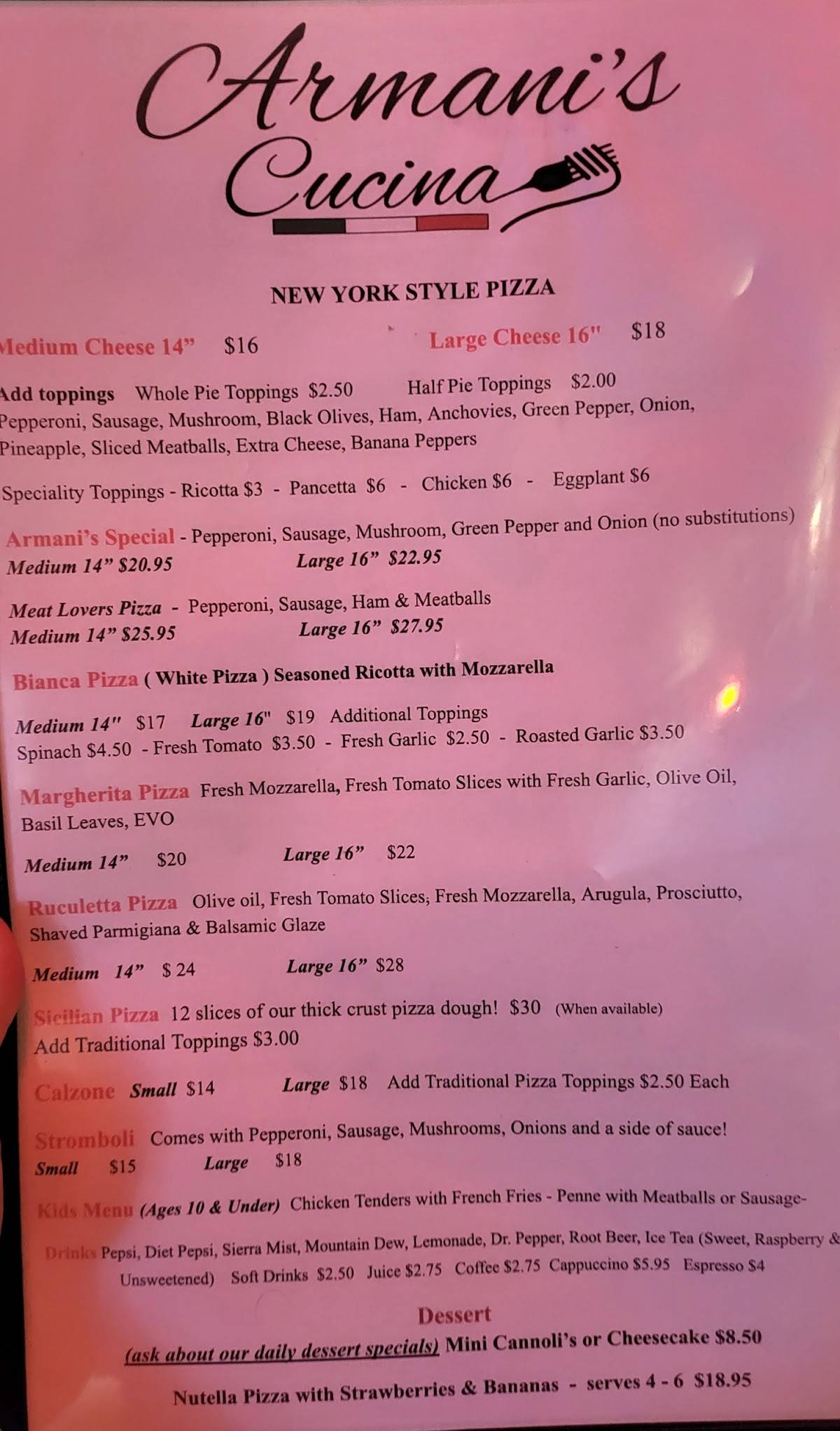 Menu at Armani's Cucina pub & bar, Vero Beach