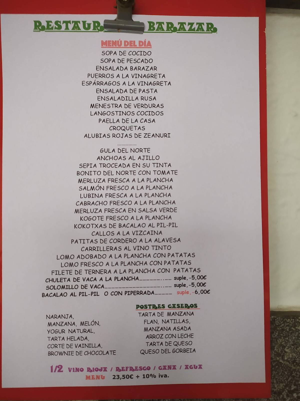 Carta de Bar Restaurante Barazar S.L, Ceánuri