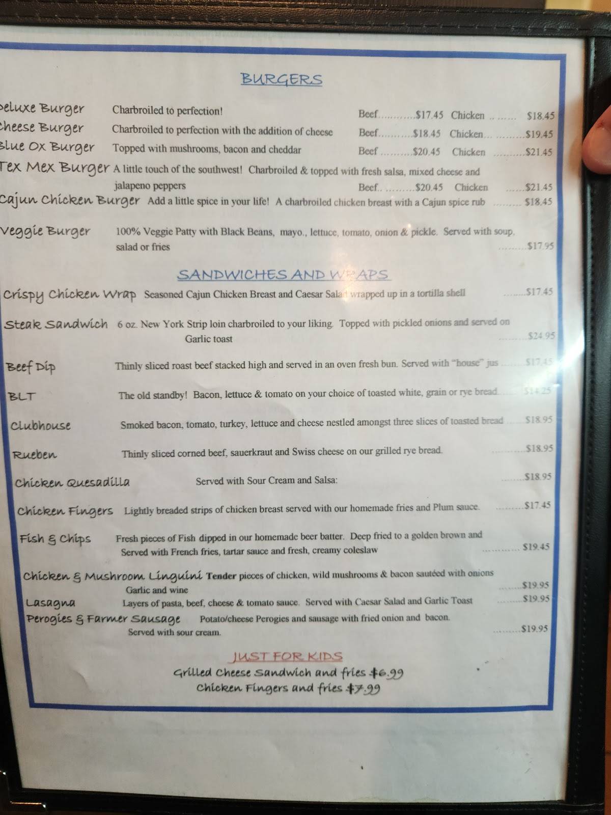 Menu at Blue Ox Pub, Lumby, Vernon St