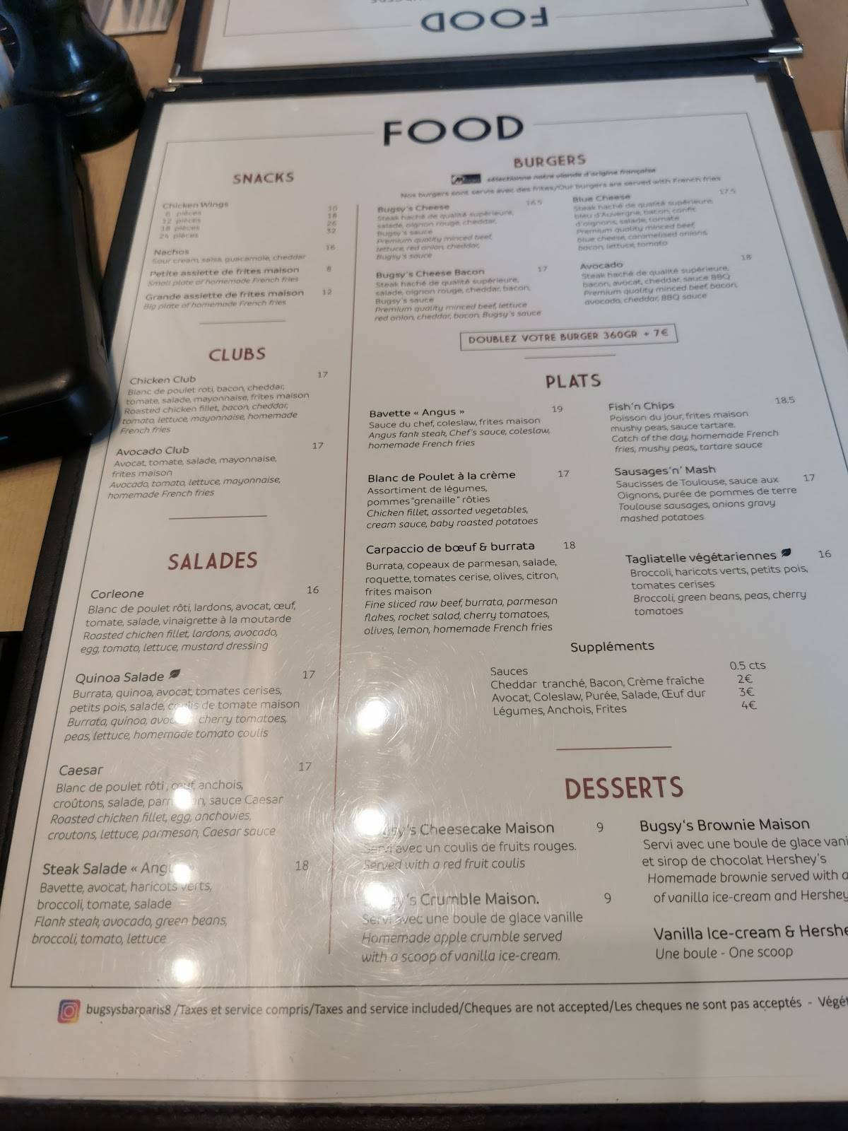 Menu at Bugsy’s pub & bar, Paris