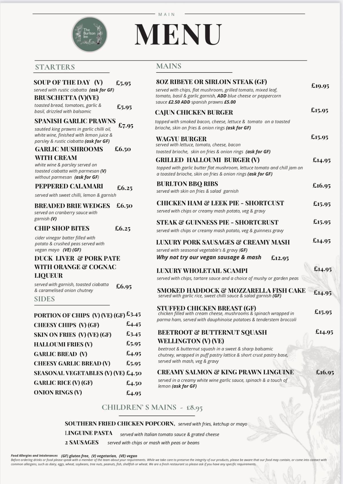 Menu at Burlton Inn, Burlton pub & bar, Baschurch
