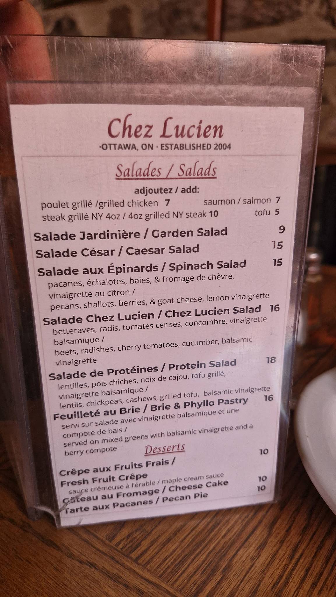 Menu at Chez Lucien pub & bar, Ottawa