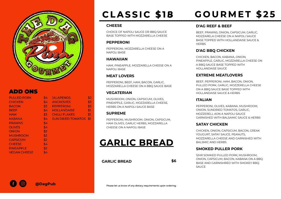 Menu at Dag Pub & Motel, D'Aguilar