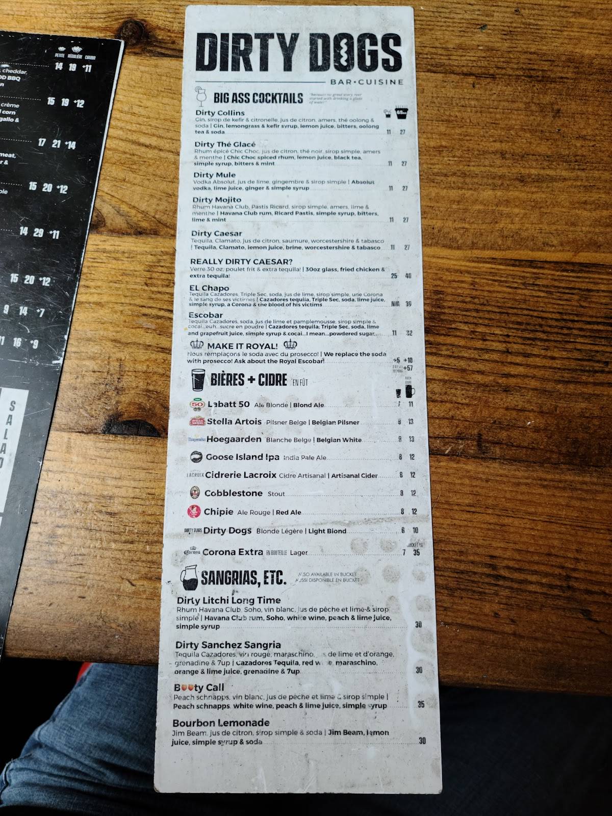 Menu at Dirty Dogs pub & bar, Montréal, St Laurent Blvd