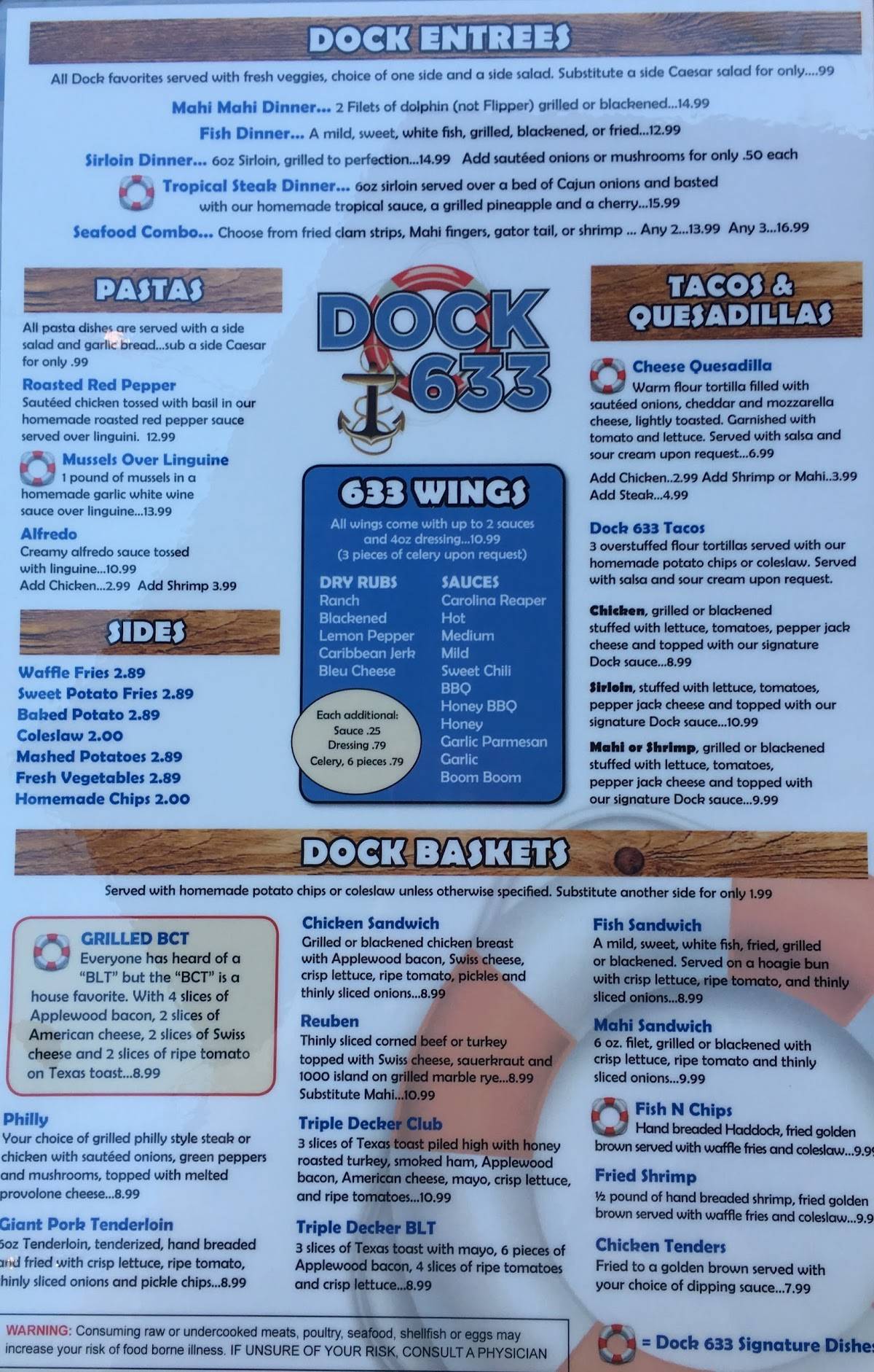 Menu at Dock 633 pub & bar, Lake Placid