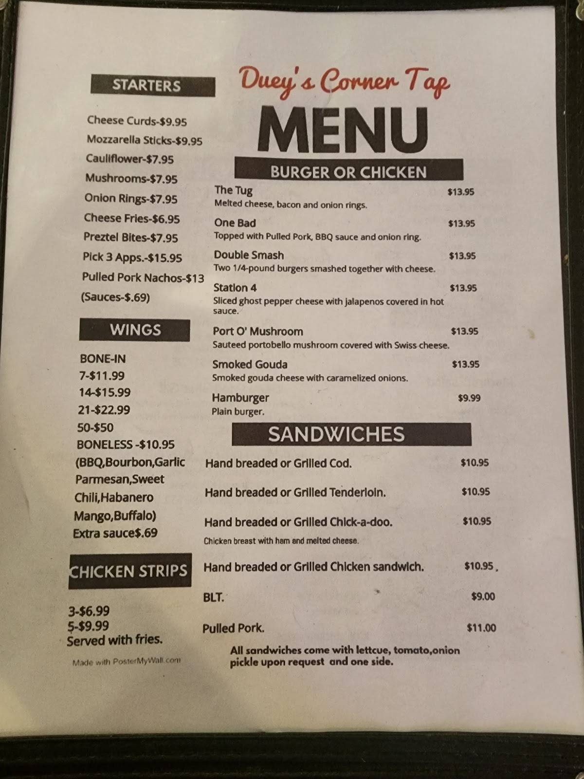Menu at Duey's Corner Tap pub & bar, Port Byron