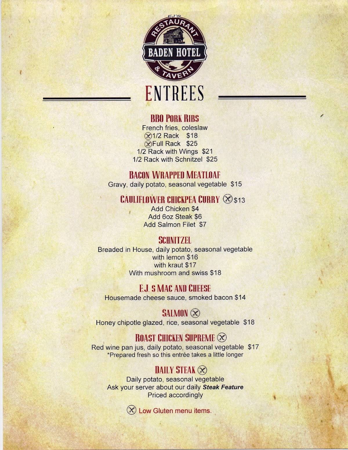 Menu at EJ's Tavern at the Baden Hotel pub & bar, Baden