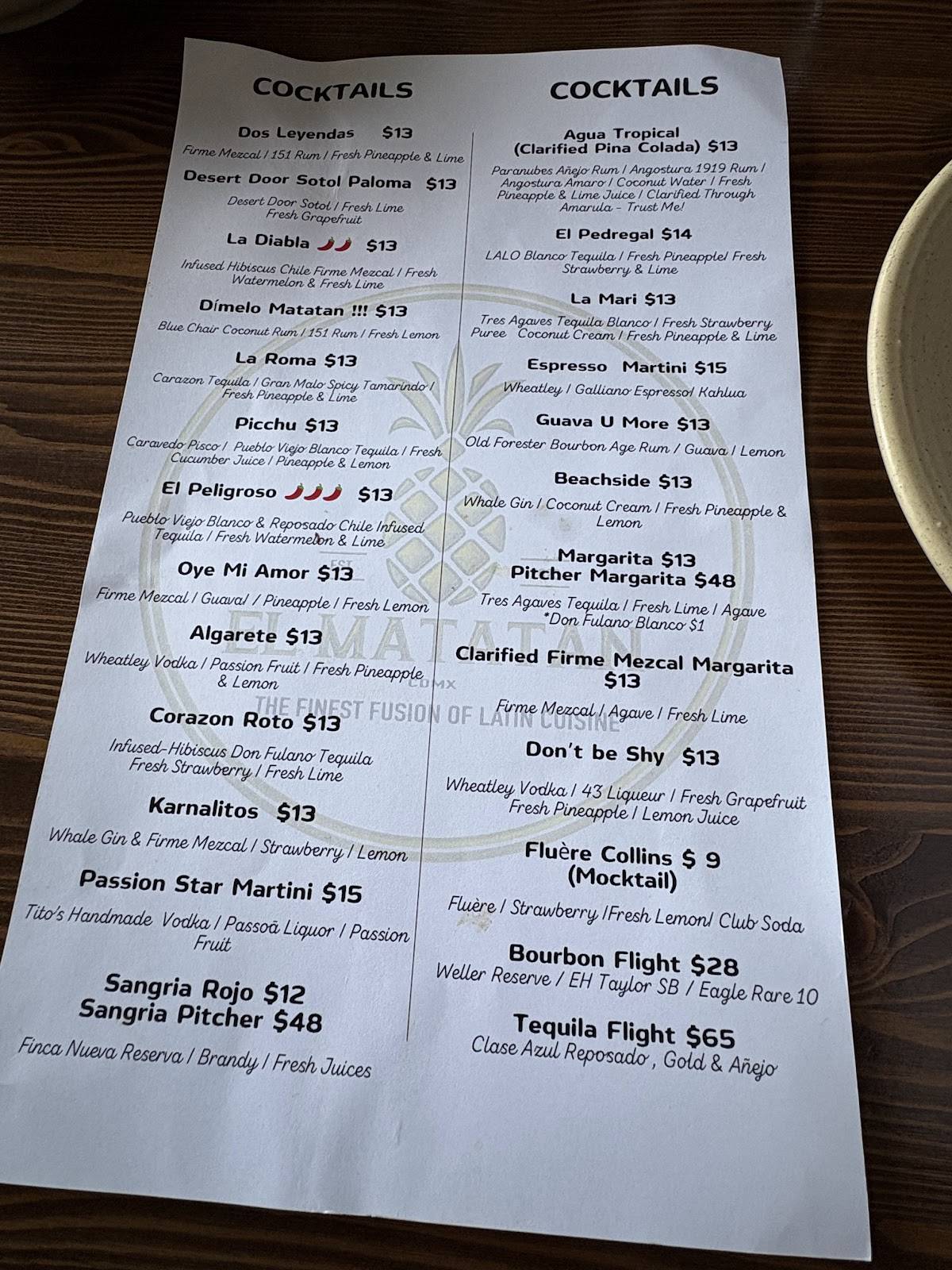 Menu at El Matatan The Finest Fusion Of Latin Cuisine pub & bar, Orange