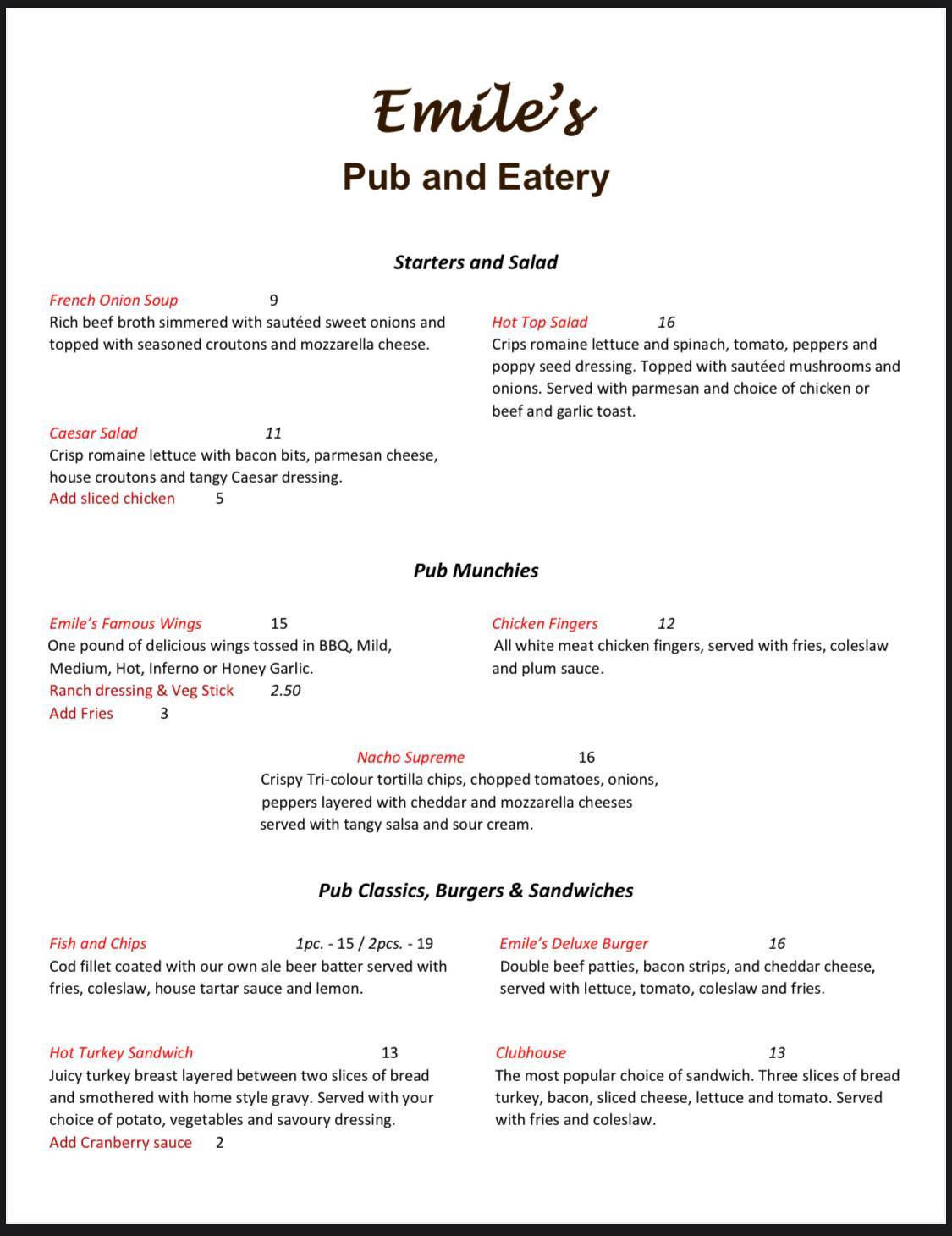 Menu at Emiles Pub & Eatery, Stephenville
