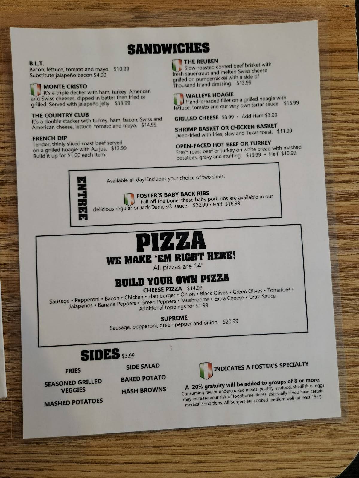 Menu at Foster's Sports Bar & Grill, Hermantown