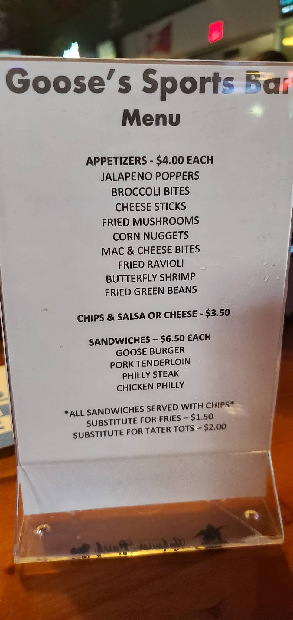 Menu at Goose's Sports Bar, Largo
