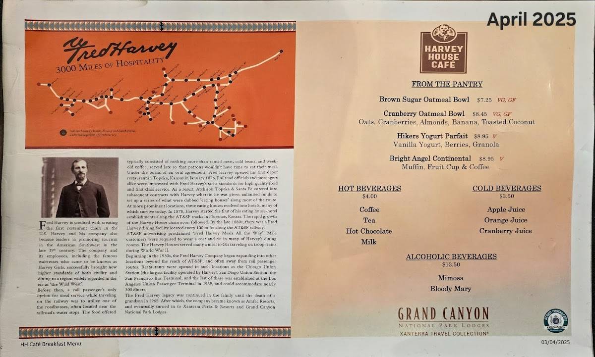 Menu at Harvey House Cafe, Grand Canyon Village