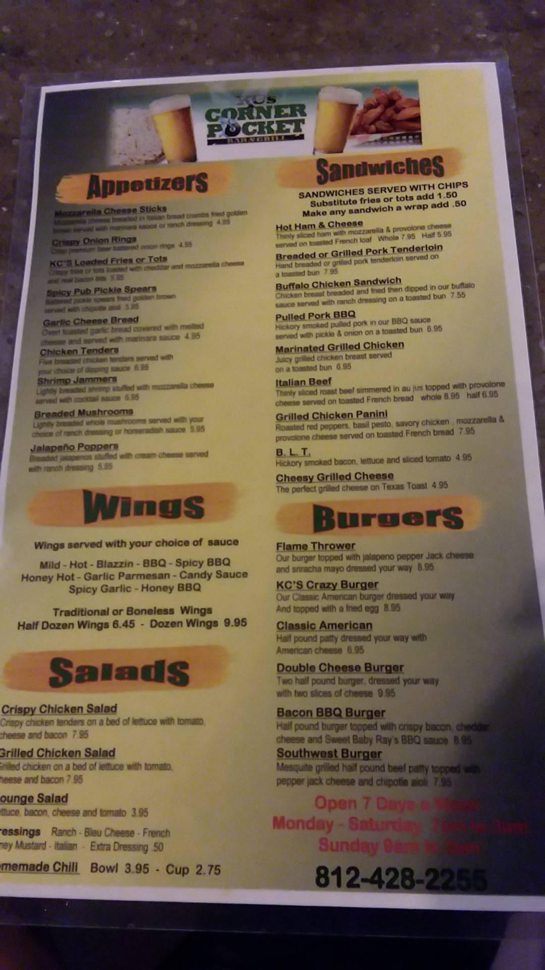 Menu at KC'S Corner Pocket pub & bar, Evansville
