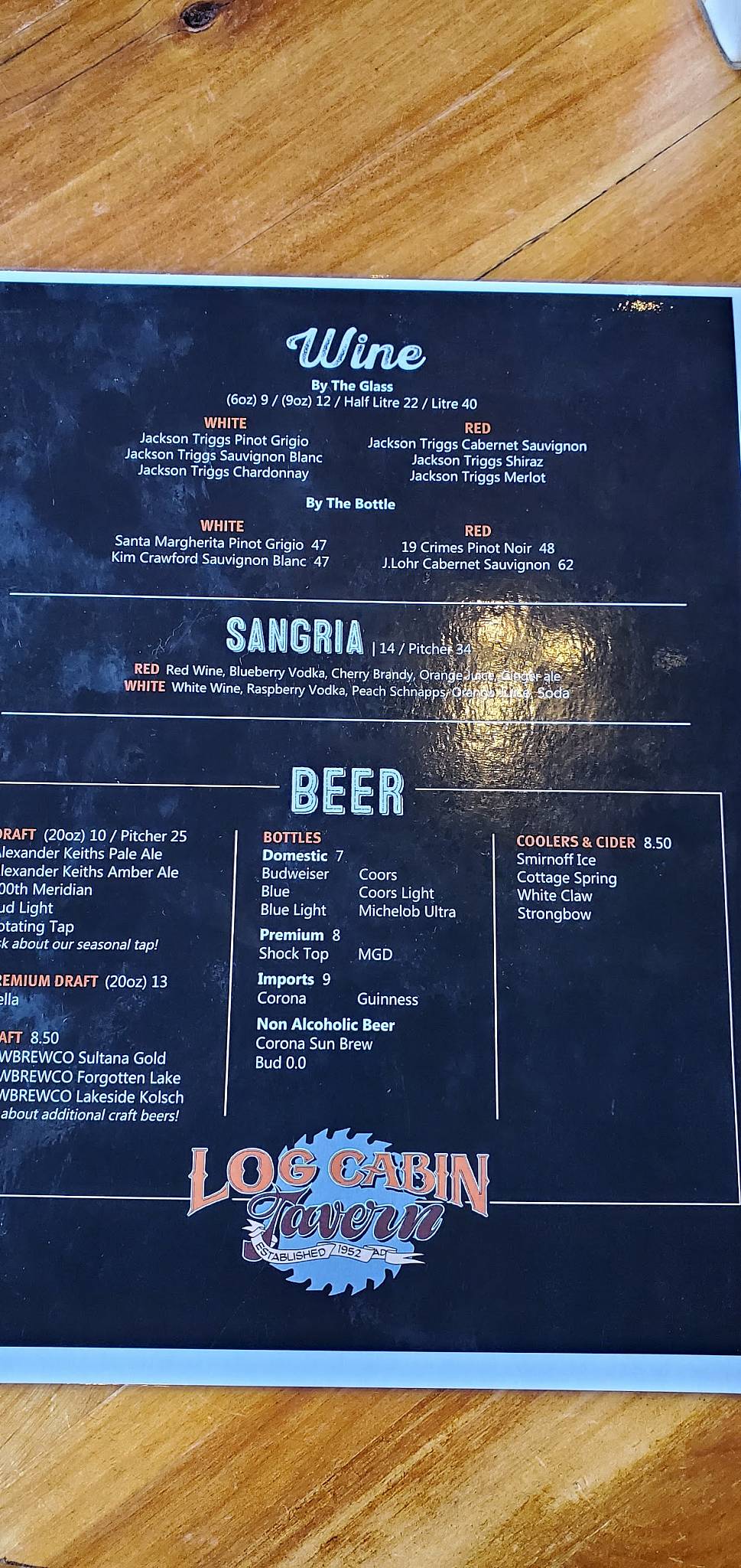Menu at Log Cabin Tavern pub & bar, Kenora