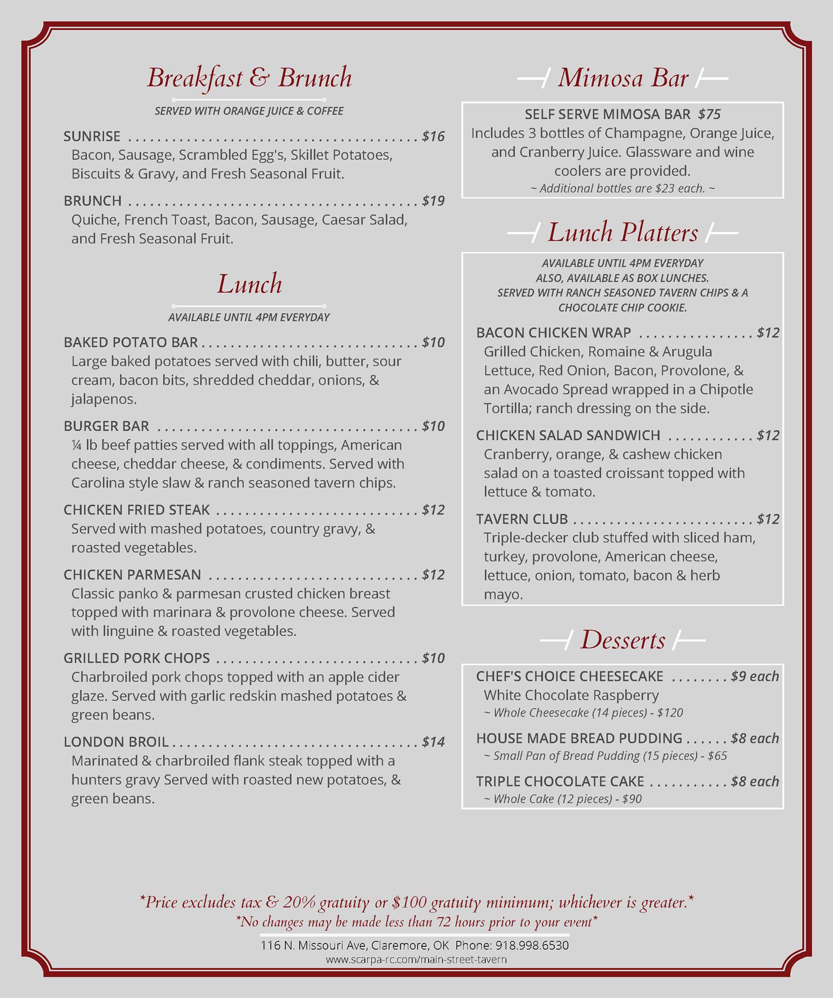 Menu at Main Street Tavern pub & bar, Claremore, 116 N Missouri Ave