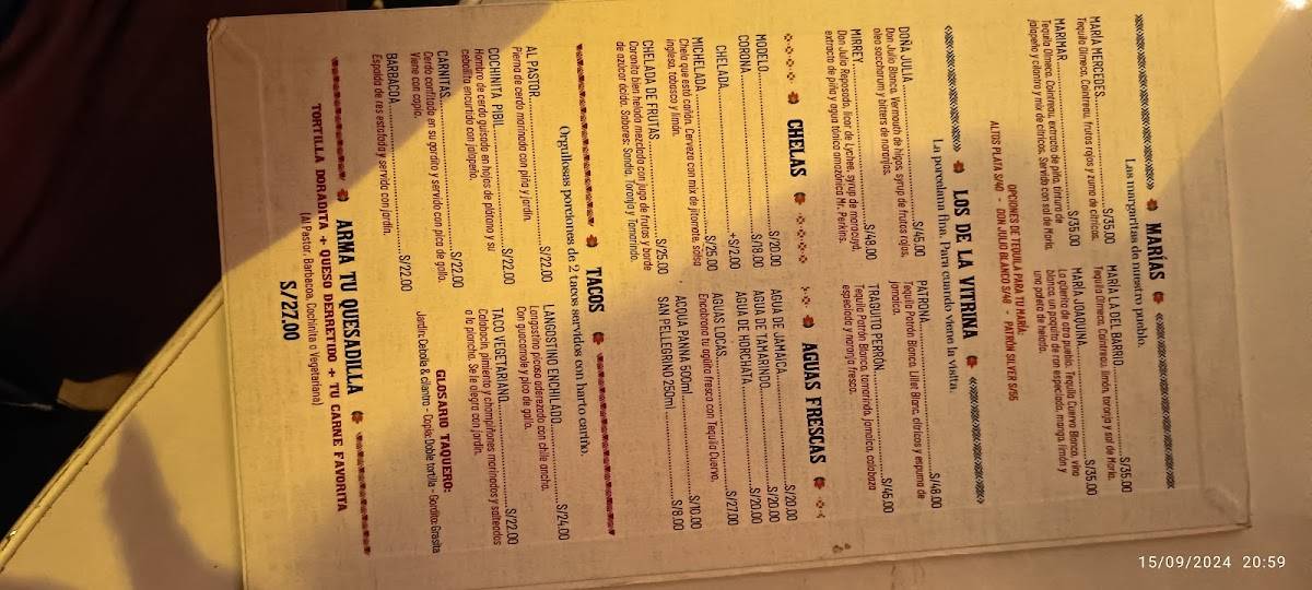 Carta del pub y bar Maria Mezcal, Miraflores