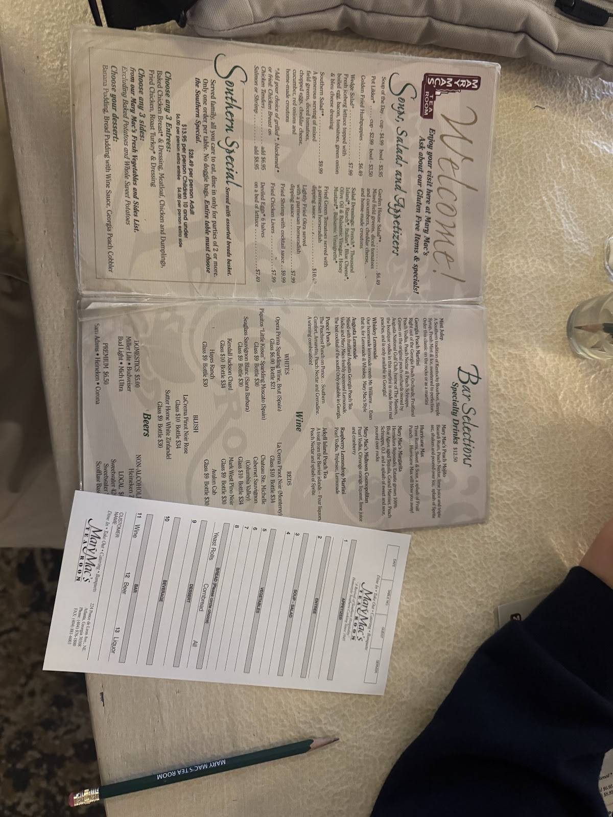 Menu at Mary Mac's Tea Room pub & bar, Atlanta