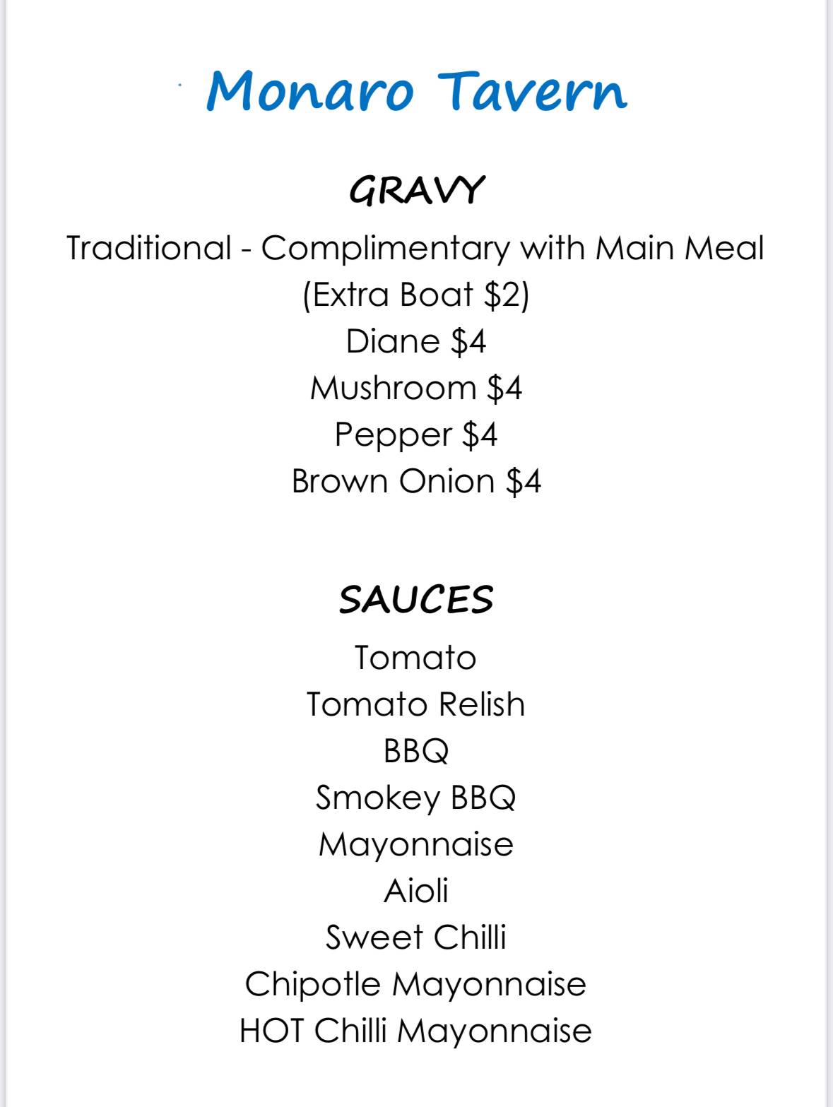 Menu at Monaro Tavern pub & bar, Symonston