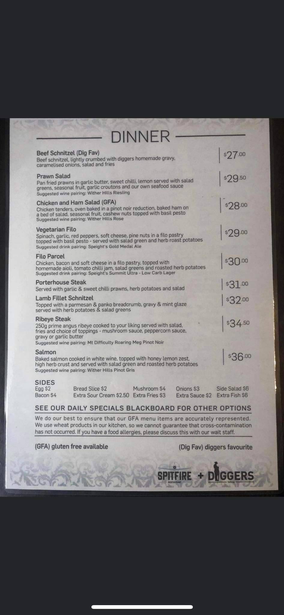 Carta de Mosgiel Memorial RSA Club, Spitfire Restaurant and Diggers ...