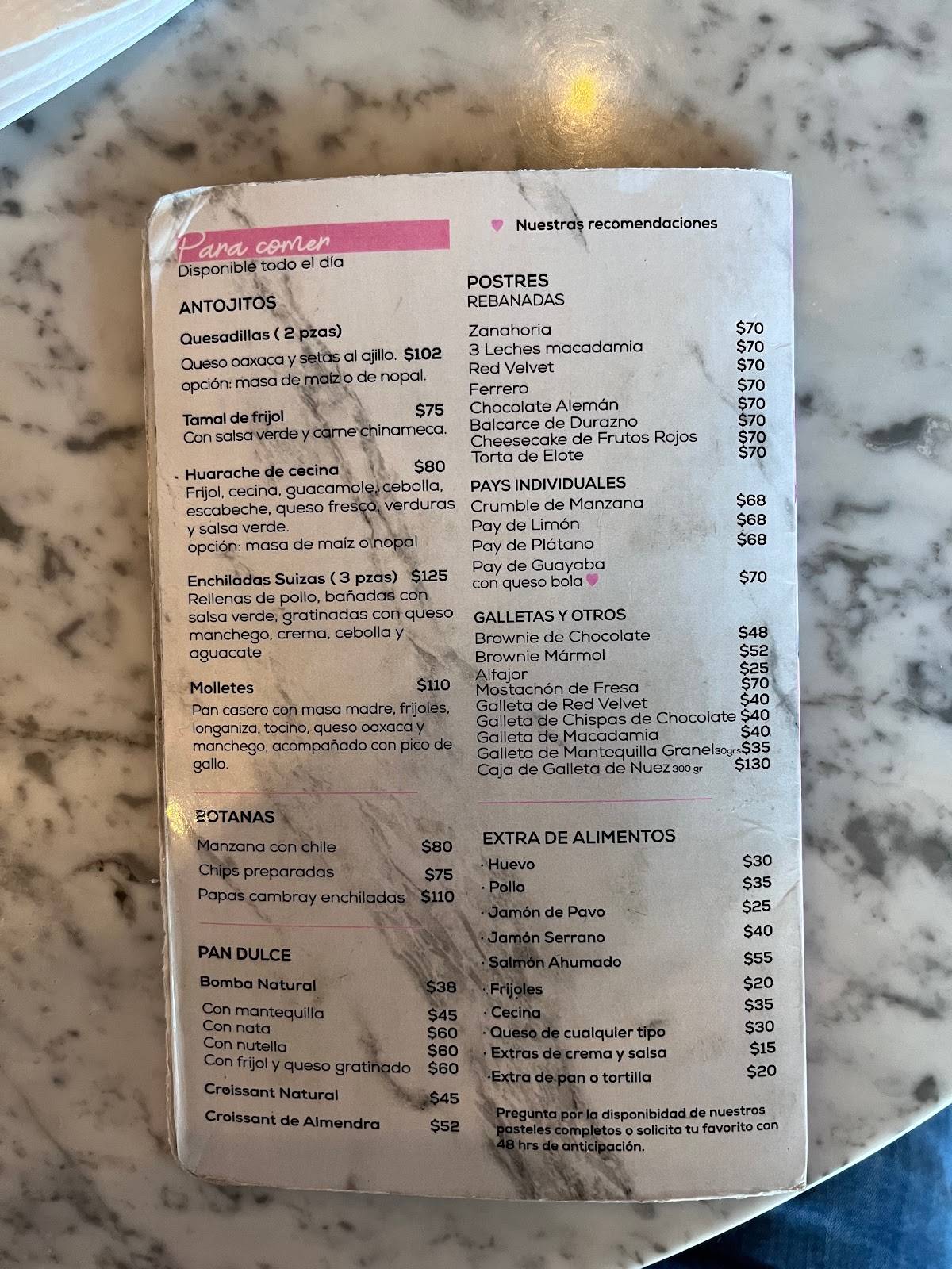 Carta de NATA CAFETERÍA Cuauhtémoc, Veracruz