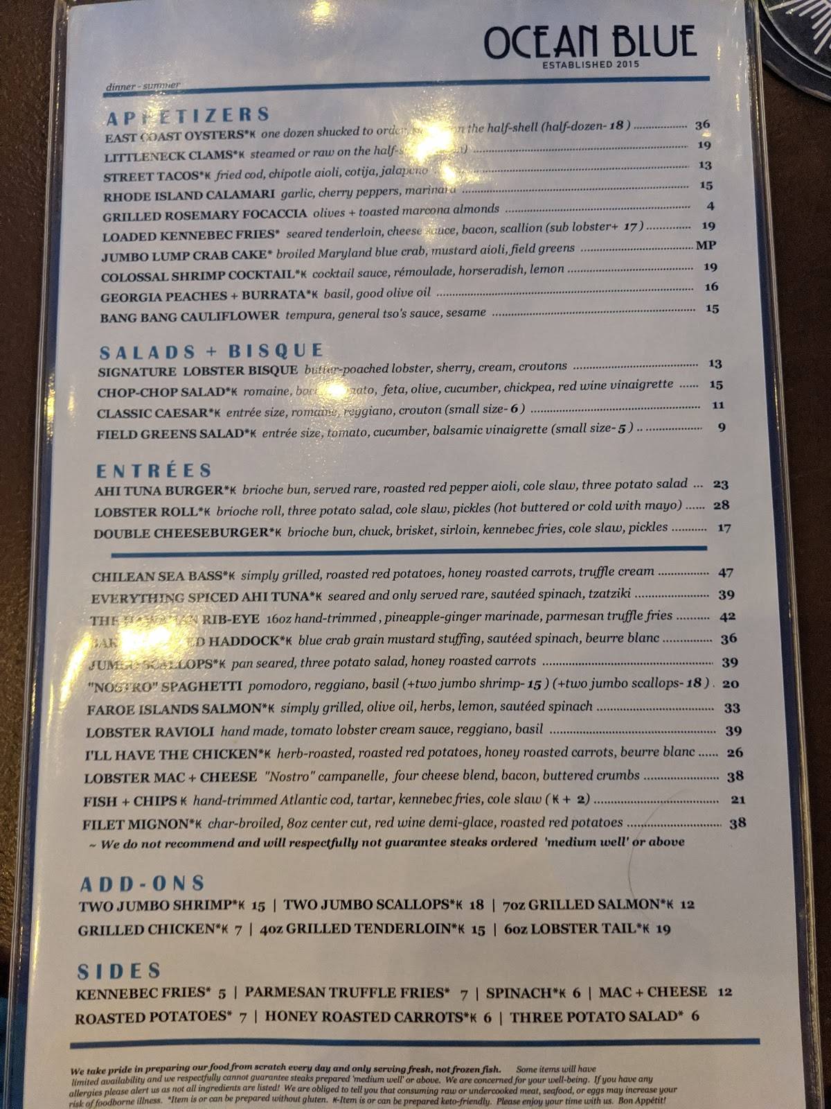 Menu at Ocean Blue Restaurant & Oyster Bar, Utica