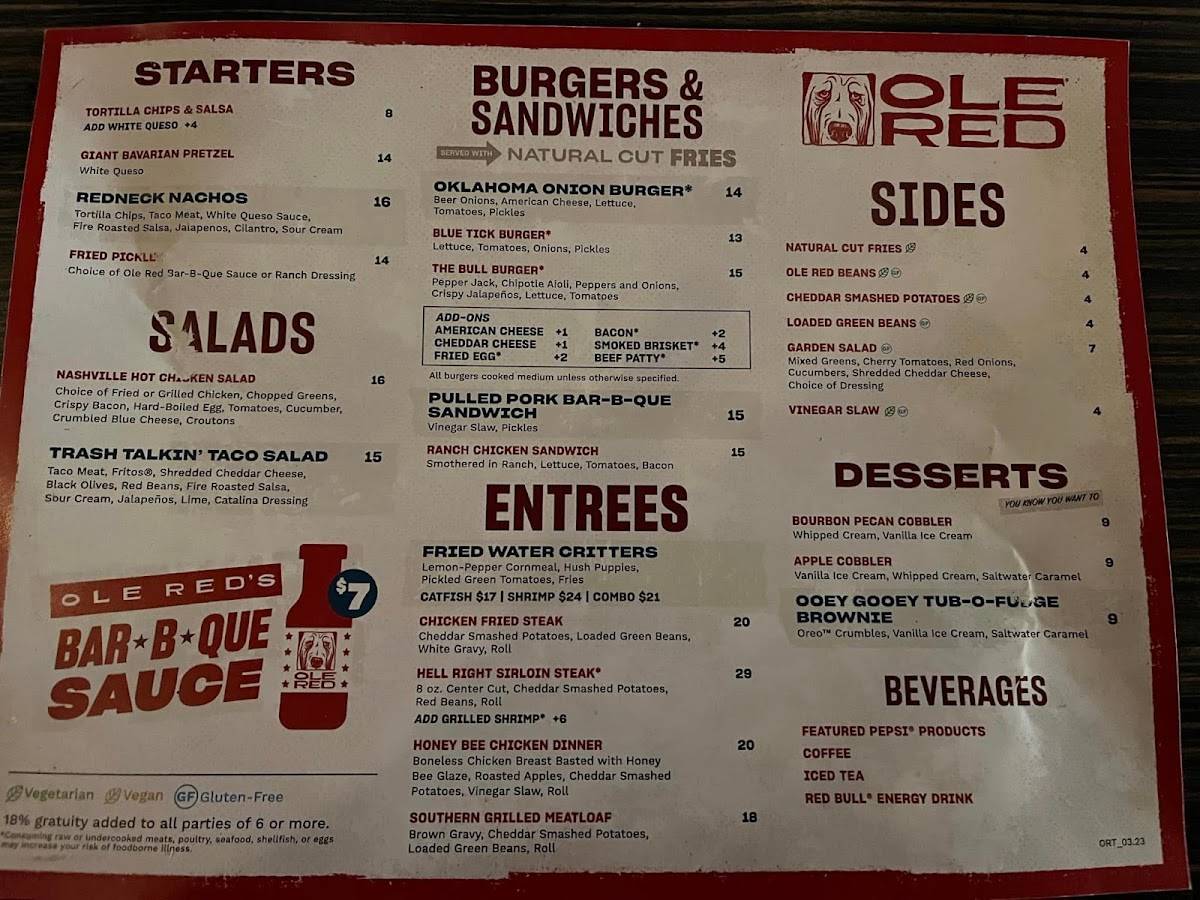 Menu at Ole Red pub & bar, Tishomingo