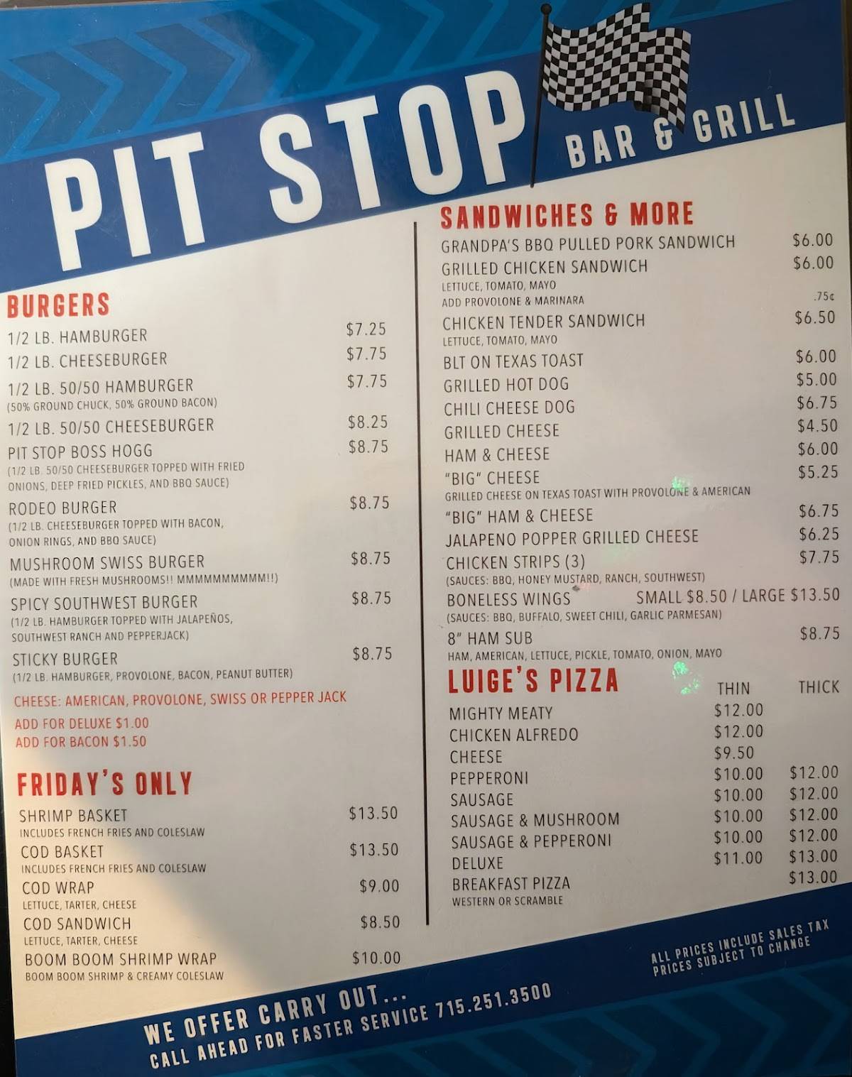 Menu at PIT STOP BAR & GRILL, Niagara