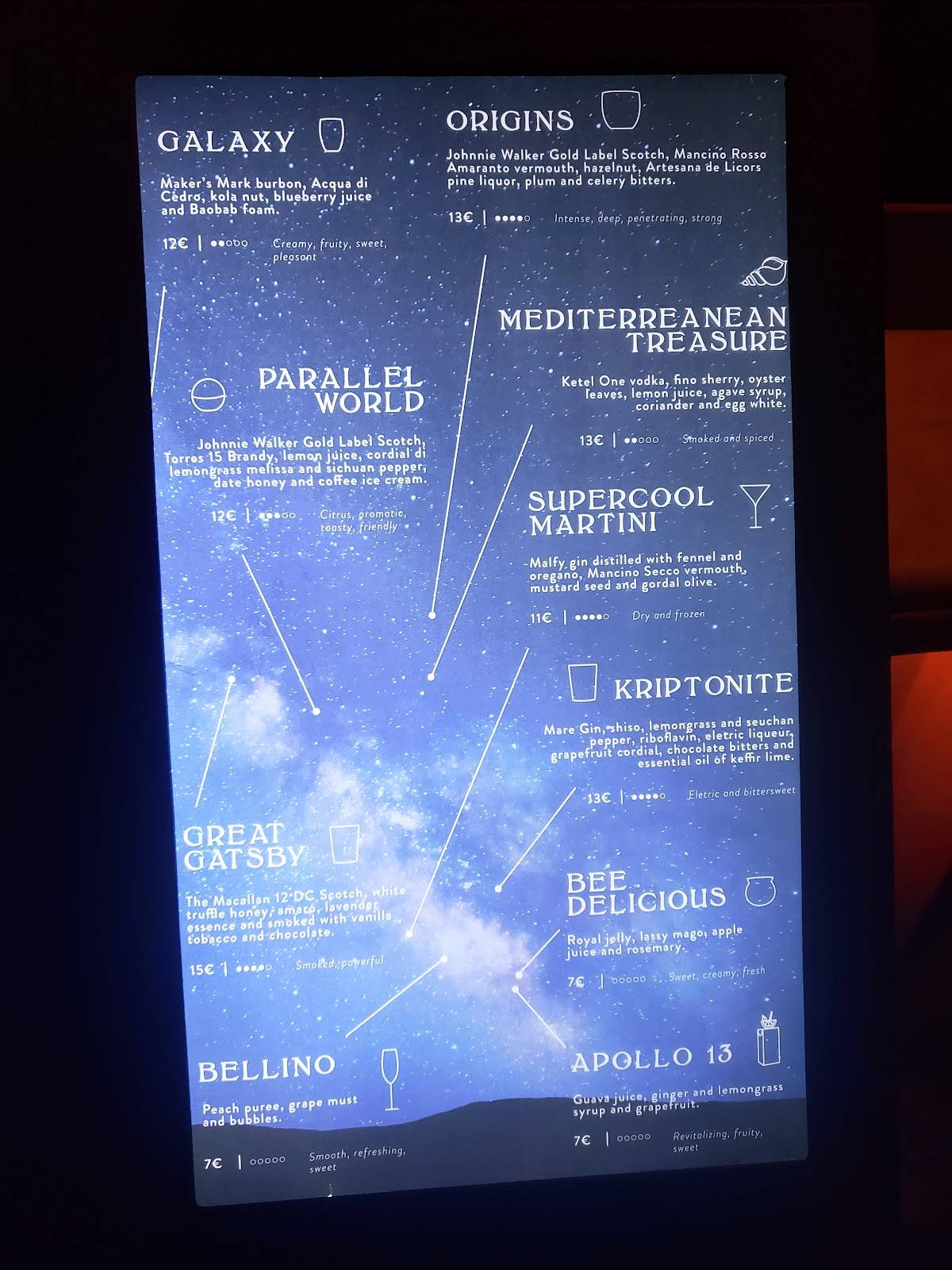 Menu at Paradiso pub & bar, Barcelona