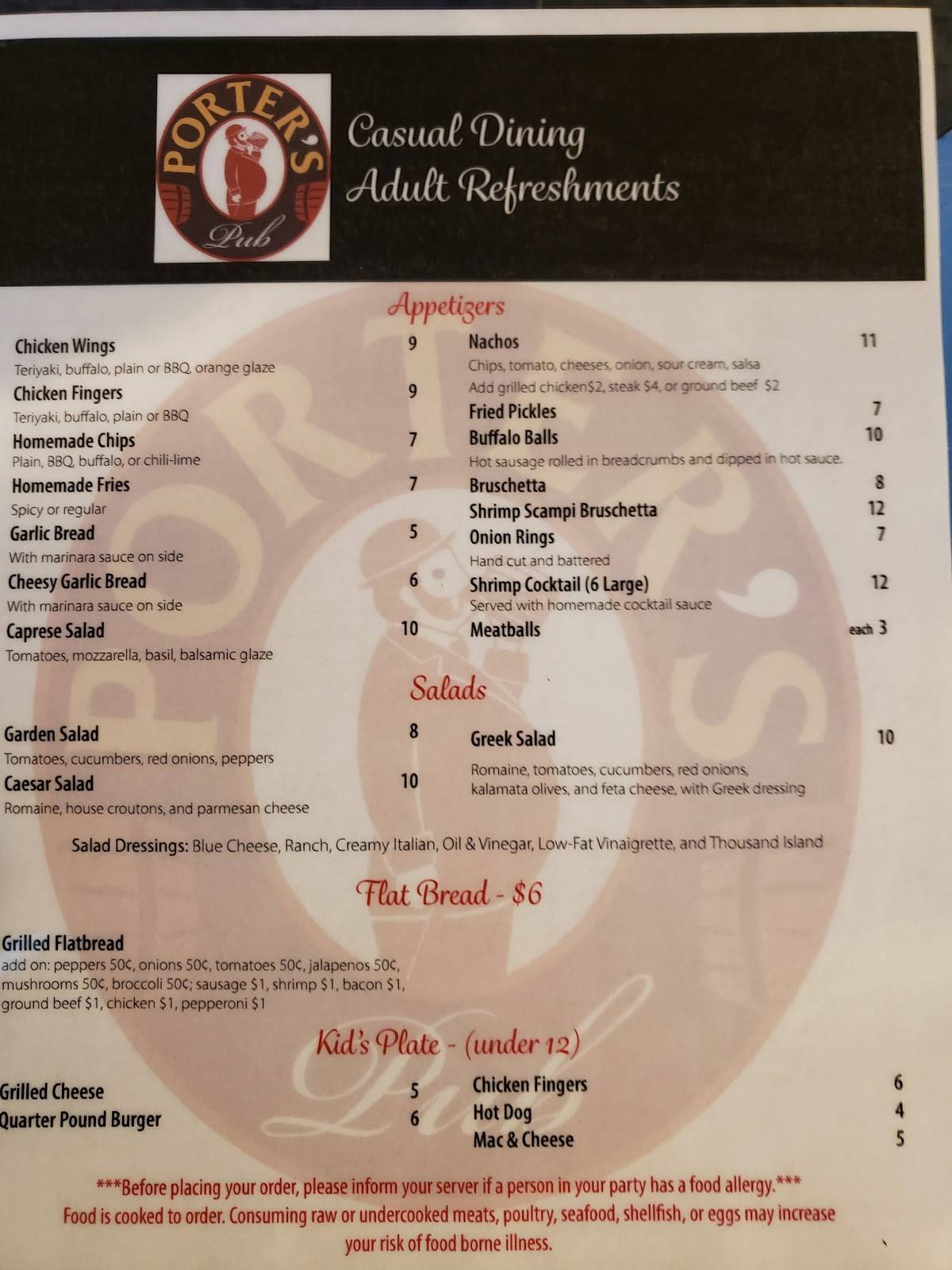 Menu at Porter's pub & bar, Rochester