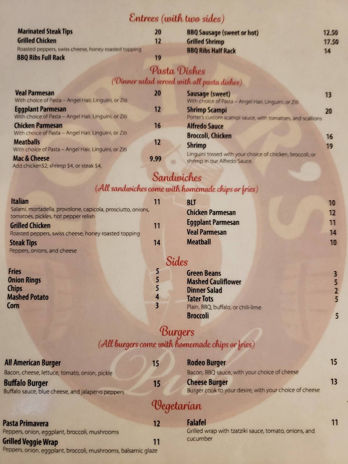 Menu at Porter's pub & bar, Rochester