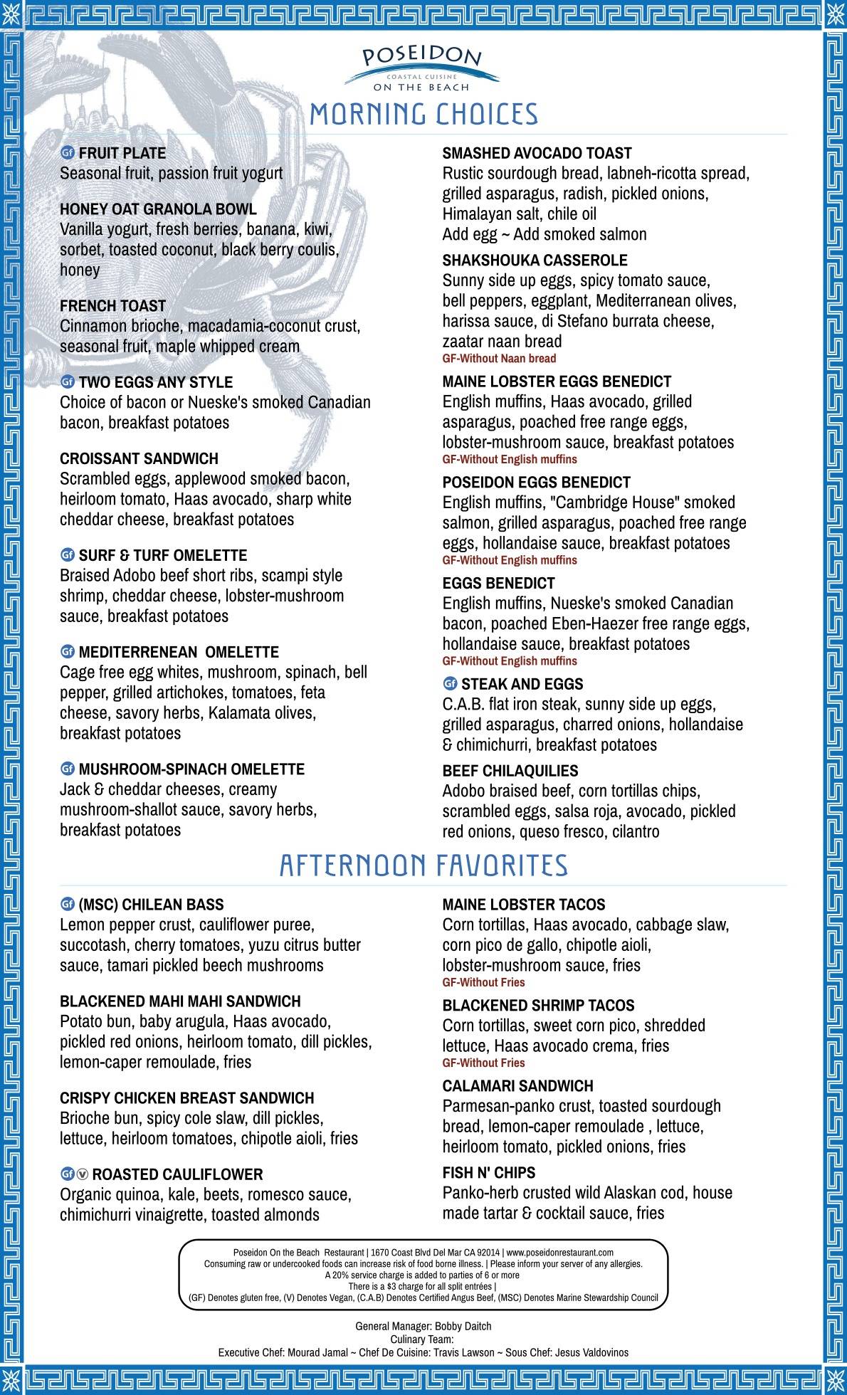 Menu at Poseidon Restaurant Del Mar, Del Mar