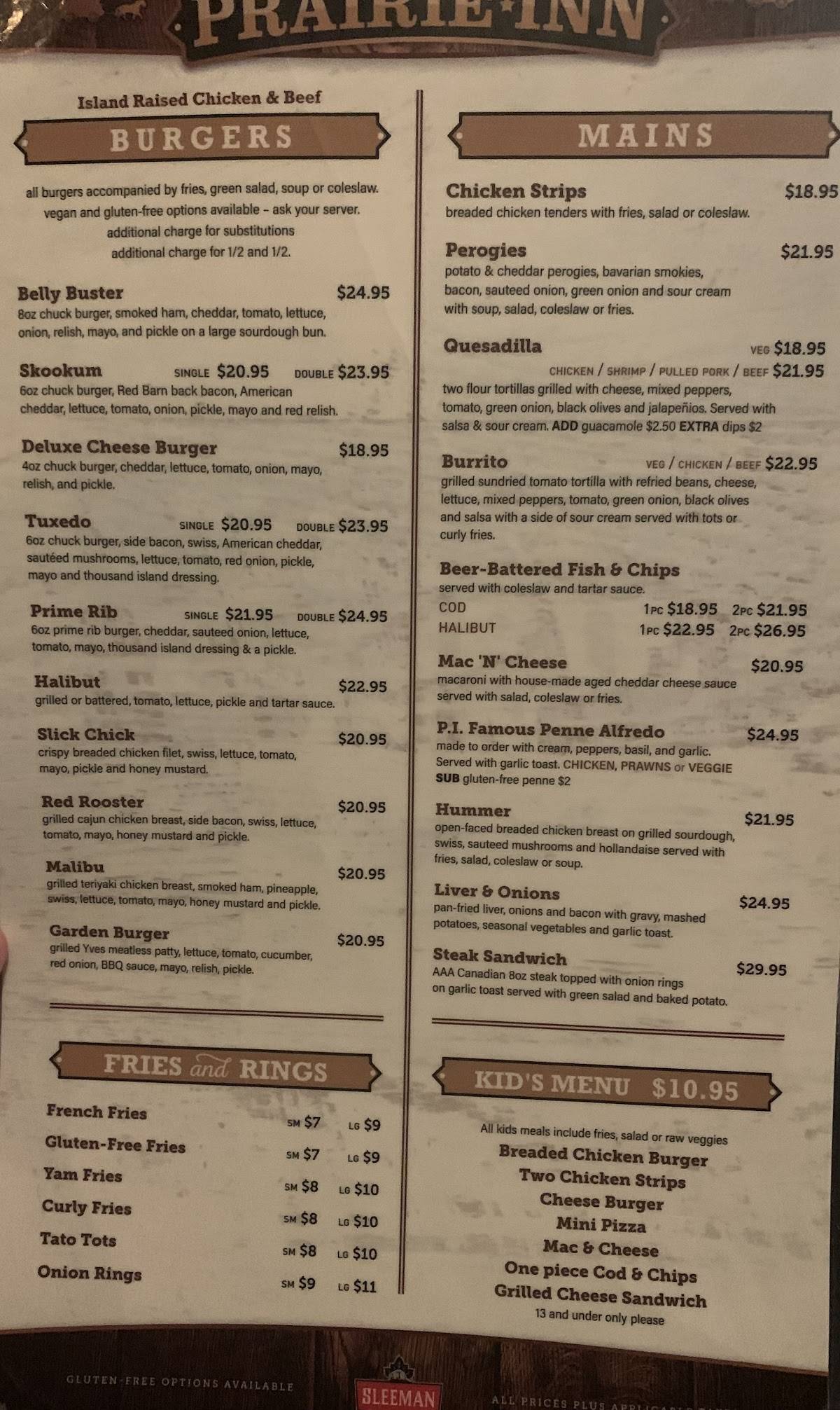 Menu at Prairie Inn Neighbourhood Pub, Saanichton