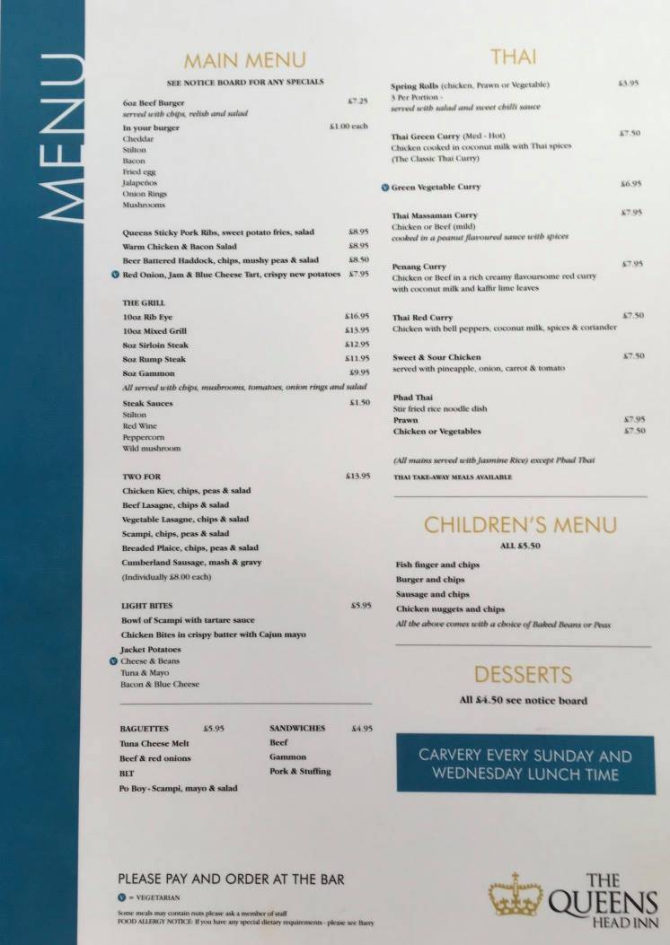 Menu at Queen's Head Inn pub & bar, Minehead