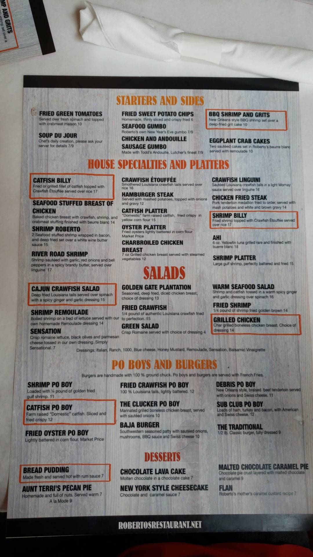 Menu at Roberto's River Road Restaurant, Sunshine