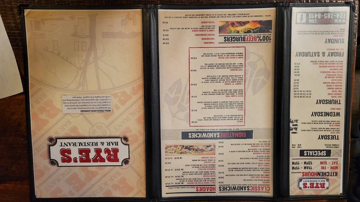 Menu at Rye's Bar & Restaurant, Brownsville