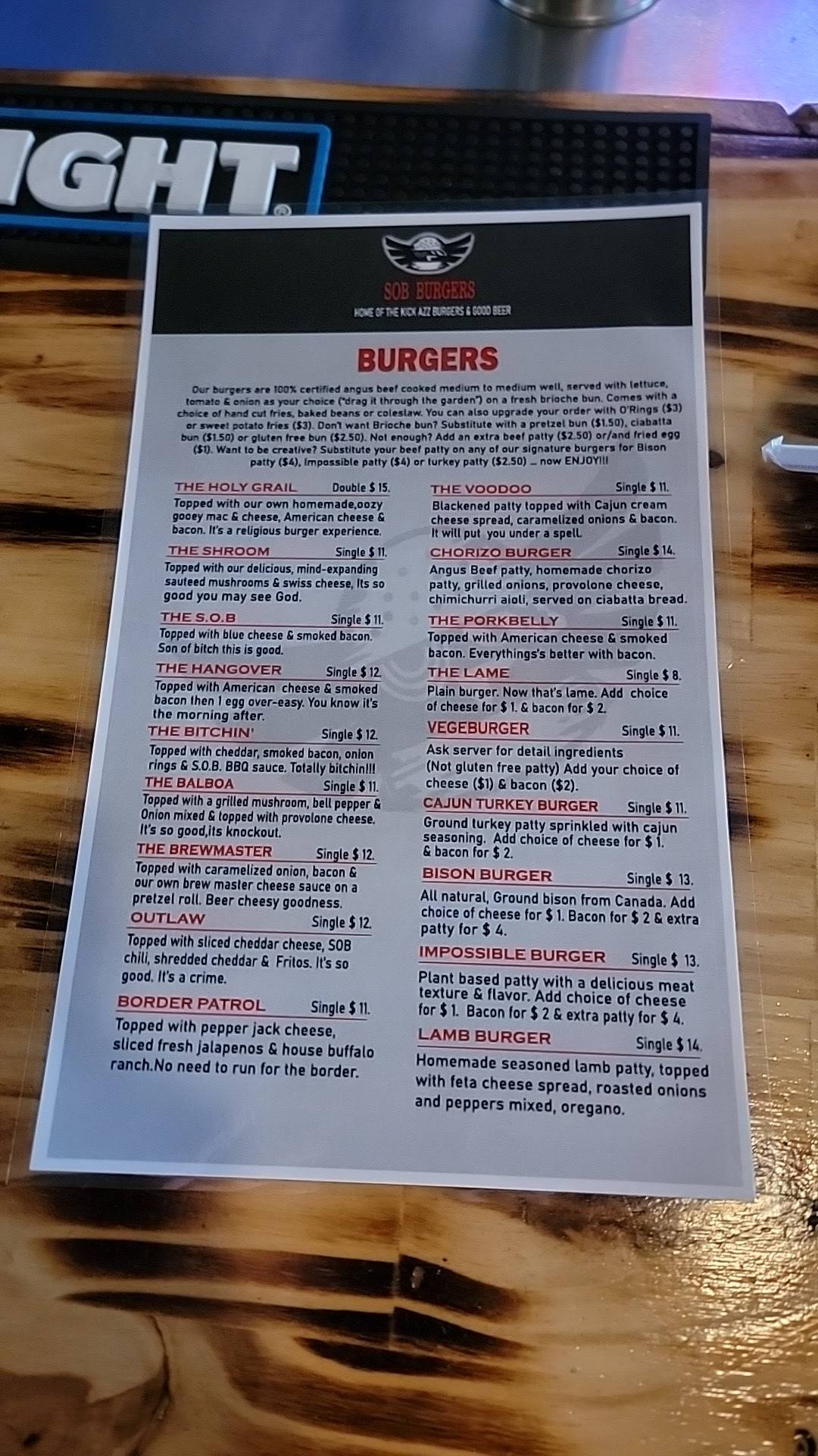 Menu at S.O.B. Burgers pub & bar, Bradenton