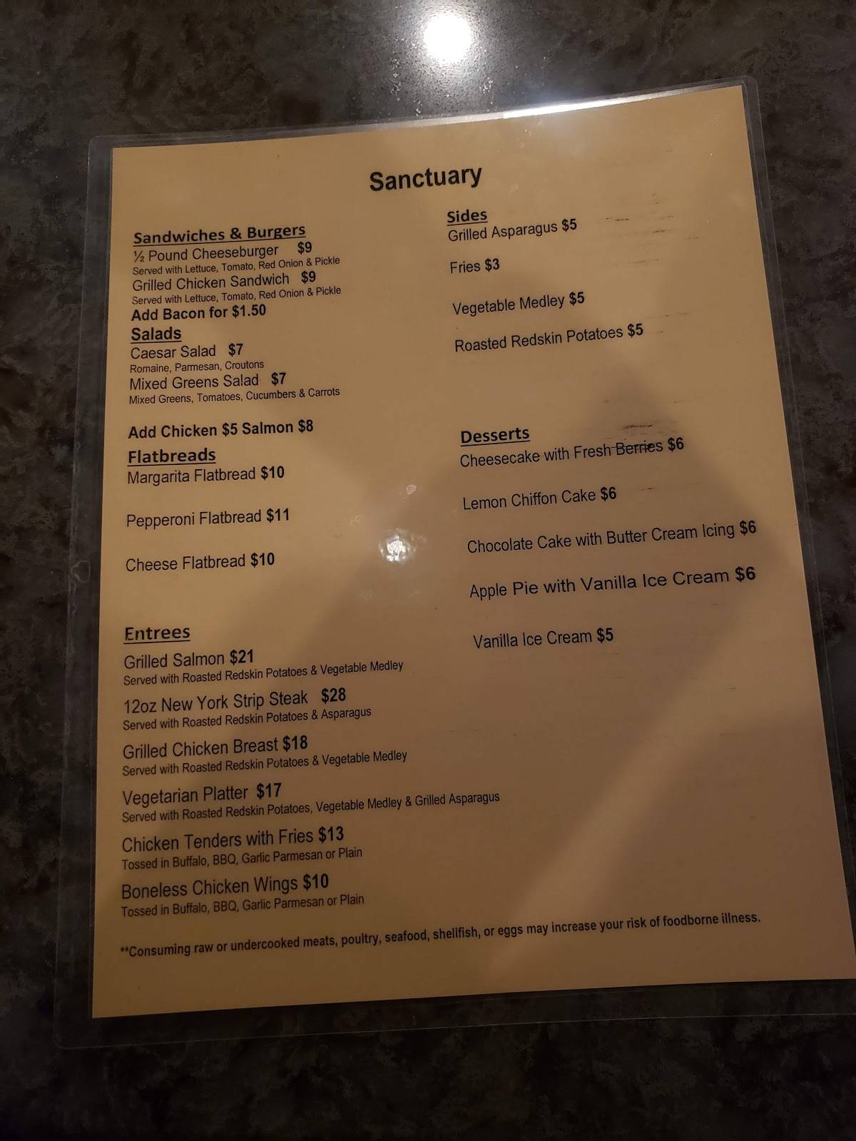 Menu at Sanctuary The Restaurant, Westlake