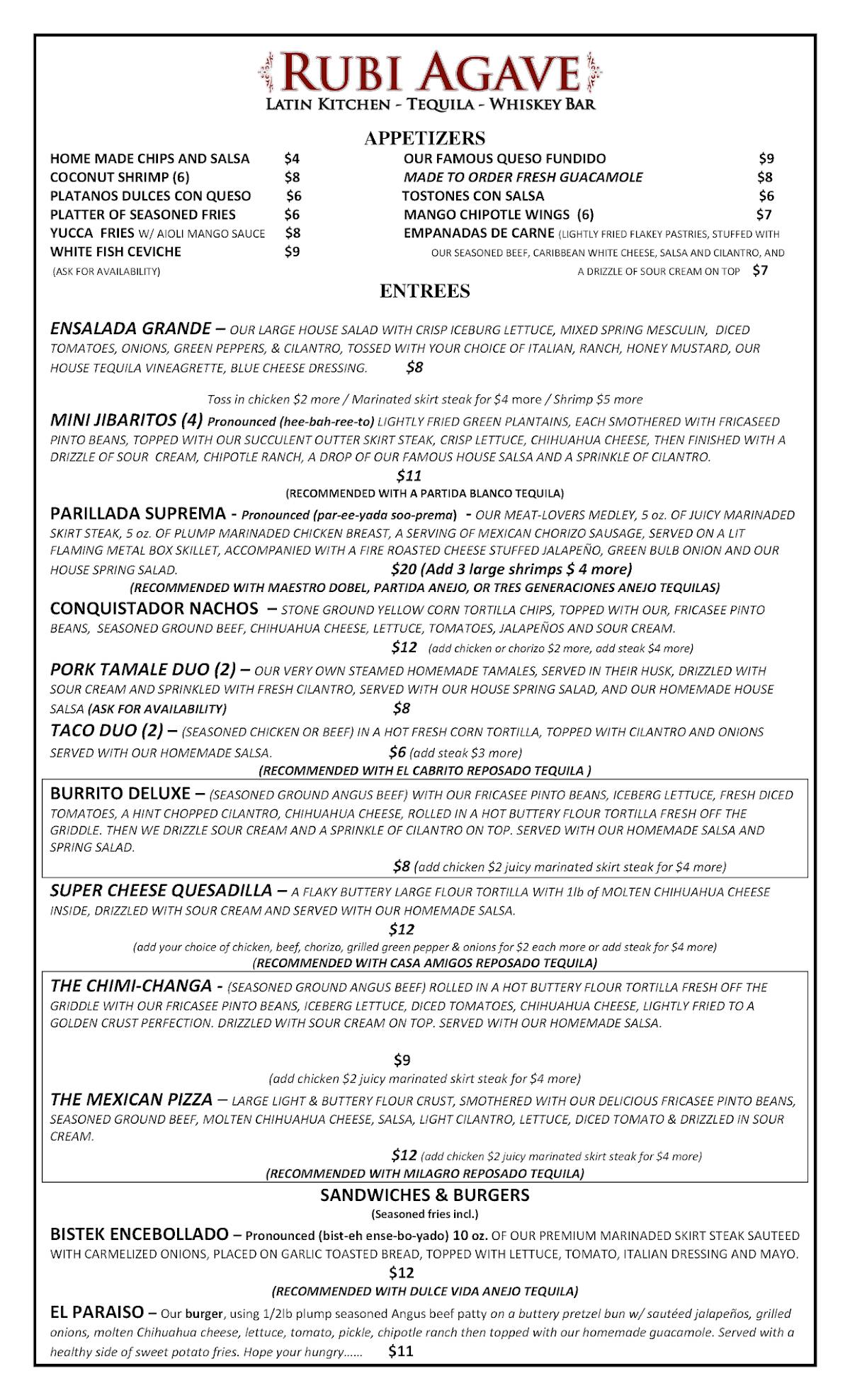 Menu at Rubi Agave Latin Kitchen, Tequila & Whiskey Bar (Santa's ...