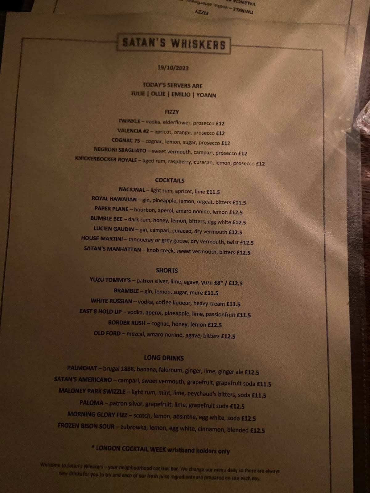 Menu at Satan's Whiskers pub & bar, London