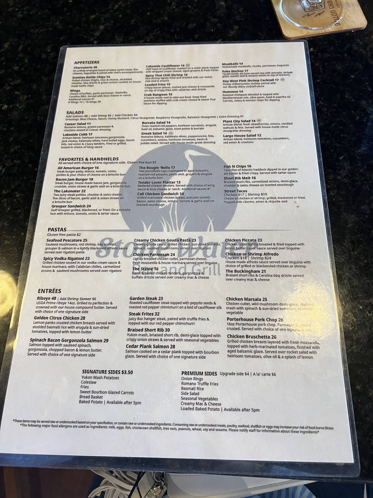 Menu at Stonewater Grill pub & bar, Land O' Lakes