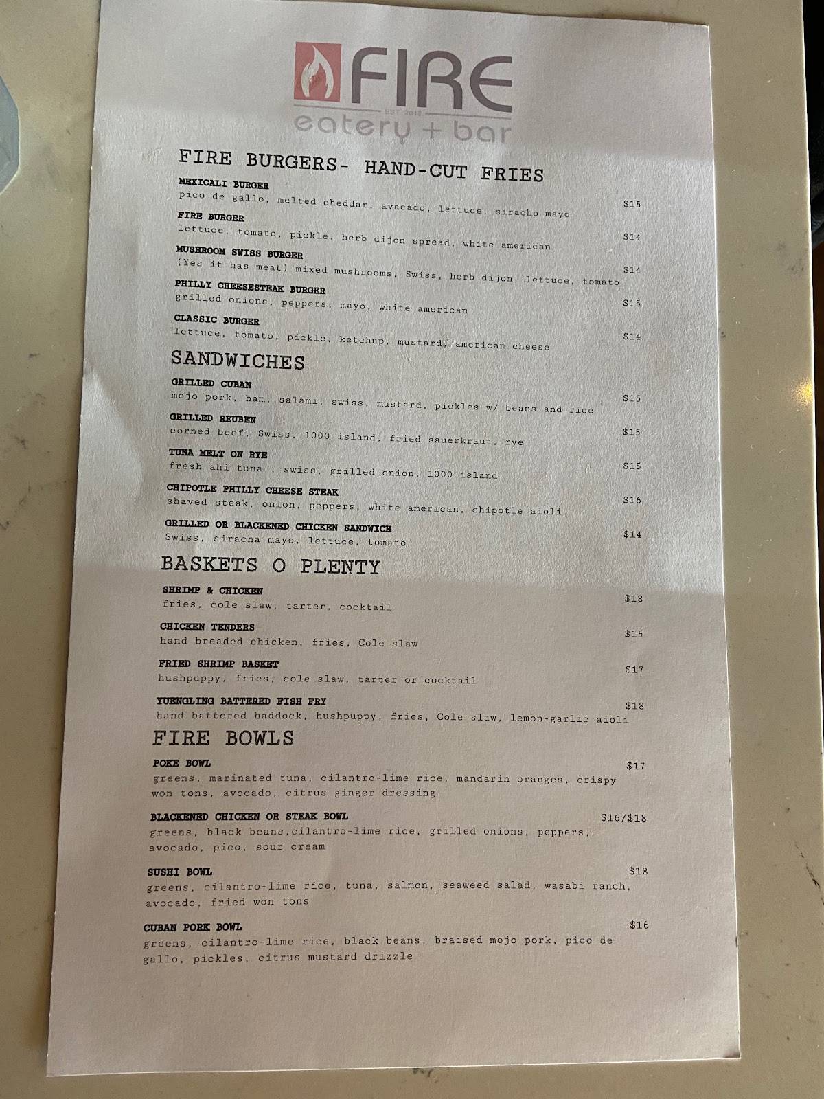 Menu at The Fire Restaurant, Winter Haven
