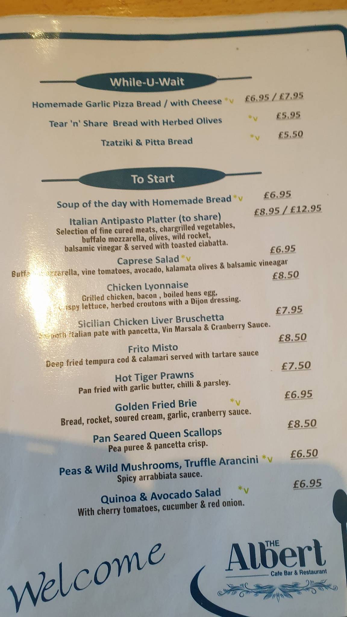 Menu at The Albert Bar/restaurant, Tamworth