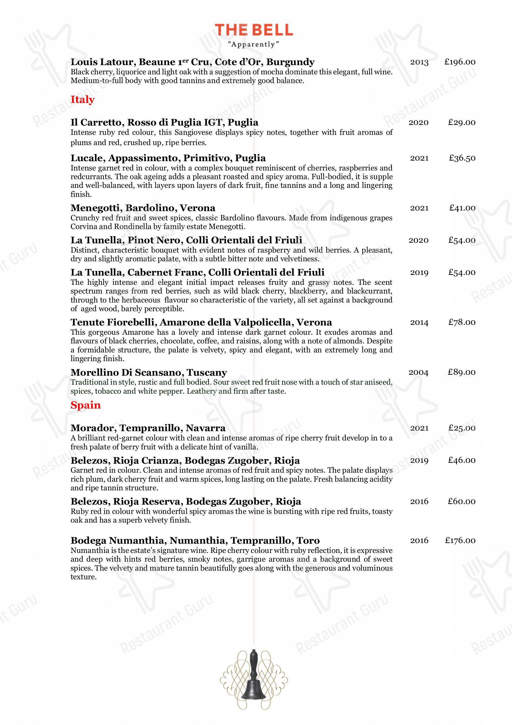 Menu at The Bell In Ticehurst restaurant, Wadhurst