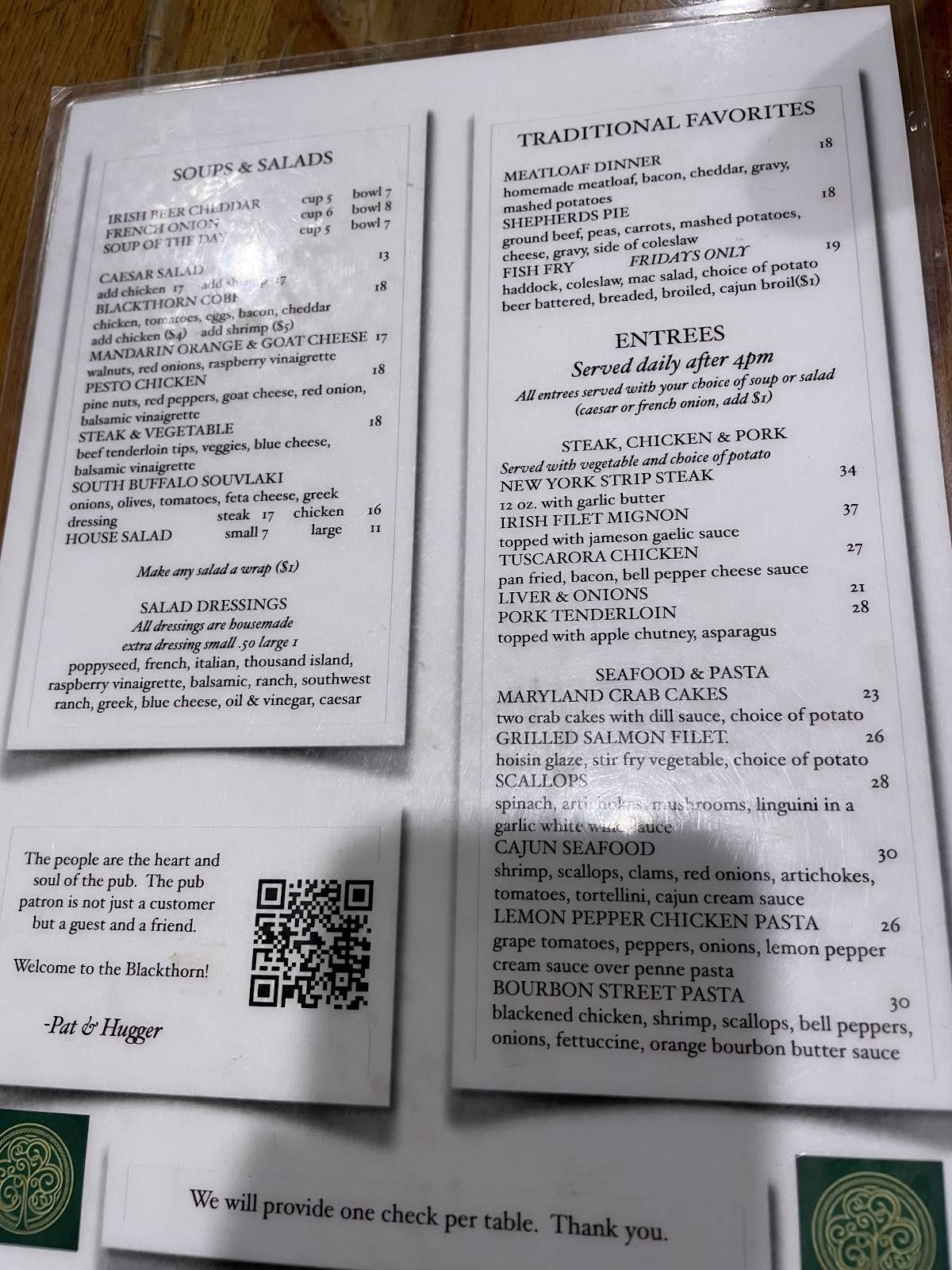 Menu at The Blackthorn Restaurant & Pub, Buffalo